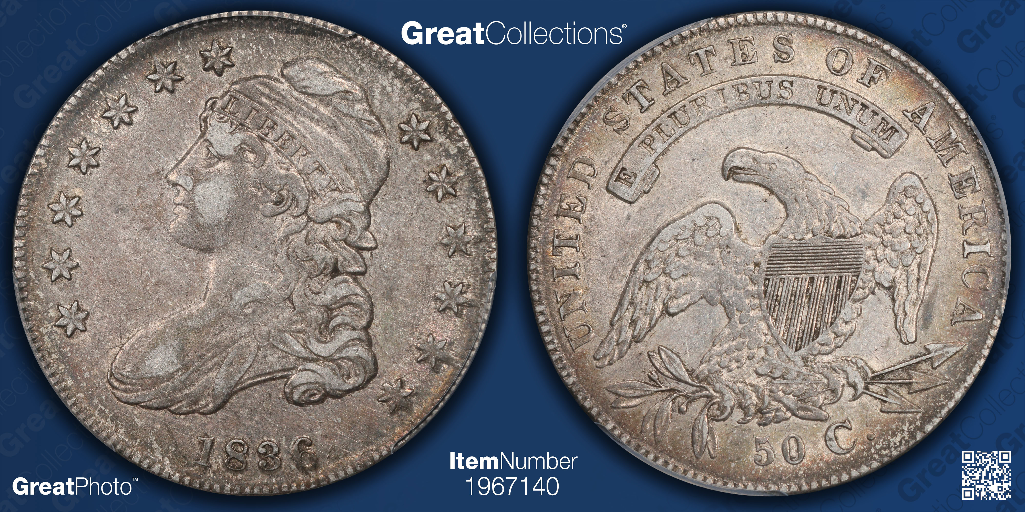 1836 Capped Bust Half Dollar Lettered Edge PCGS AU-50 (CAC Green) (Item ...