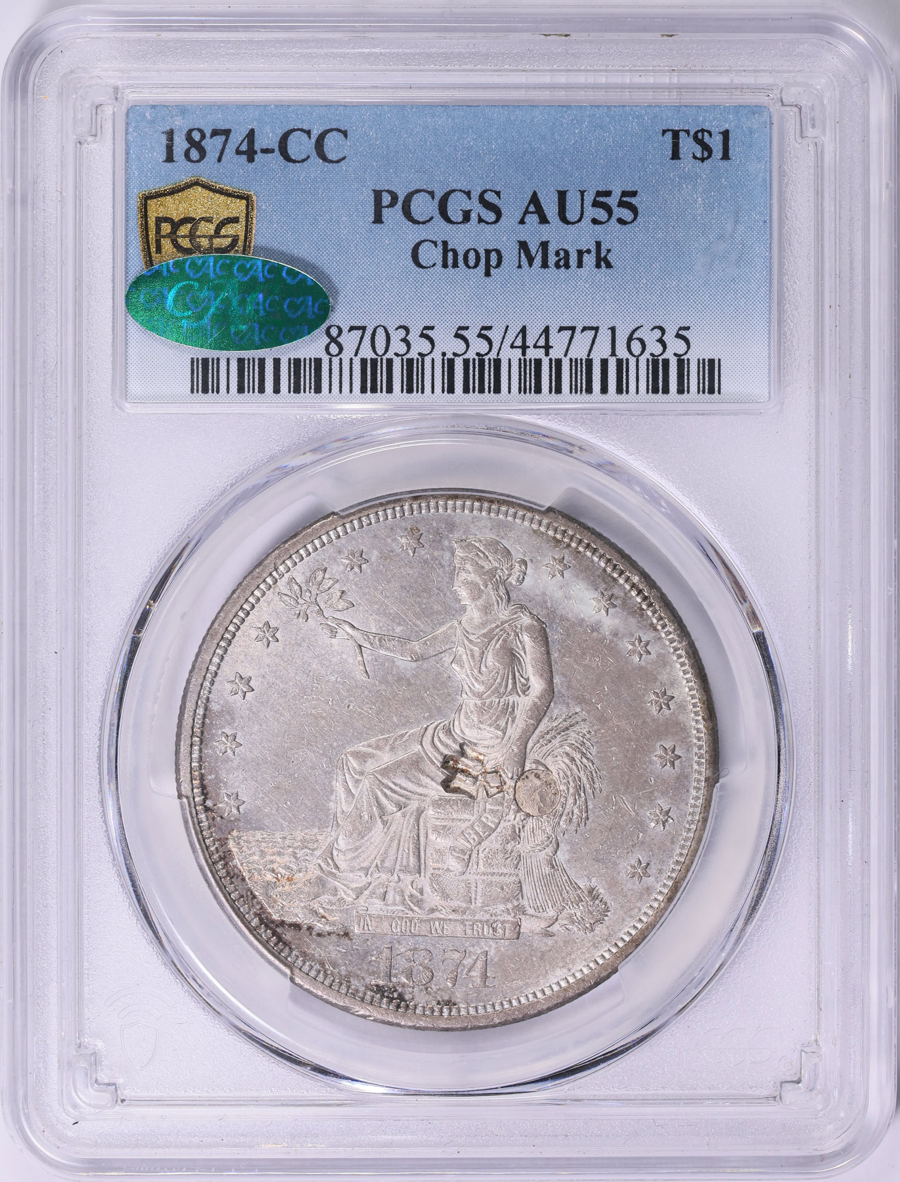 1874-CC Trade Silver Dollar Chop Mark PCGS AU-55 (CAC Green) (Item ...