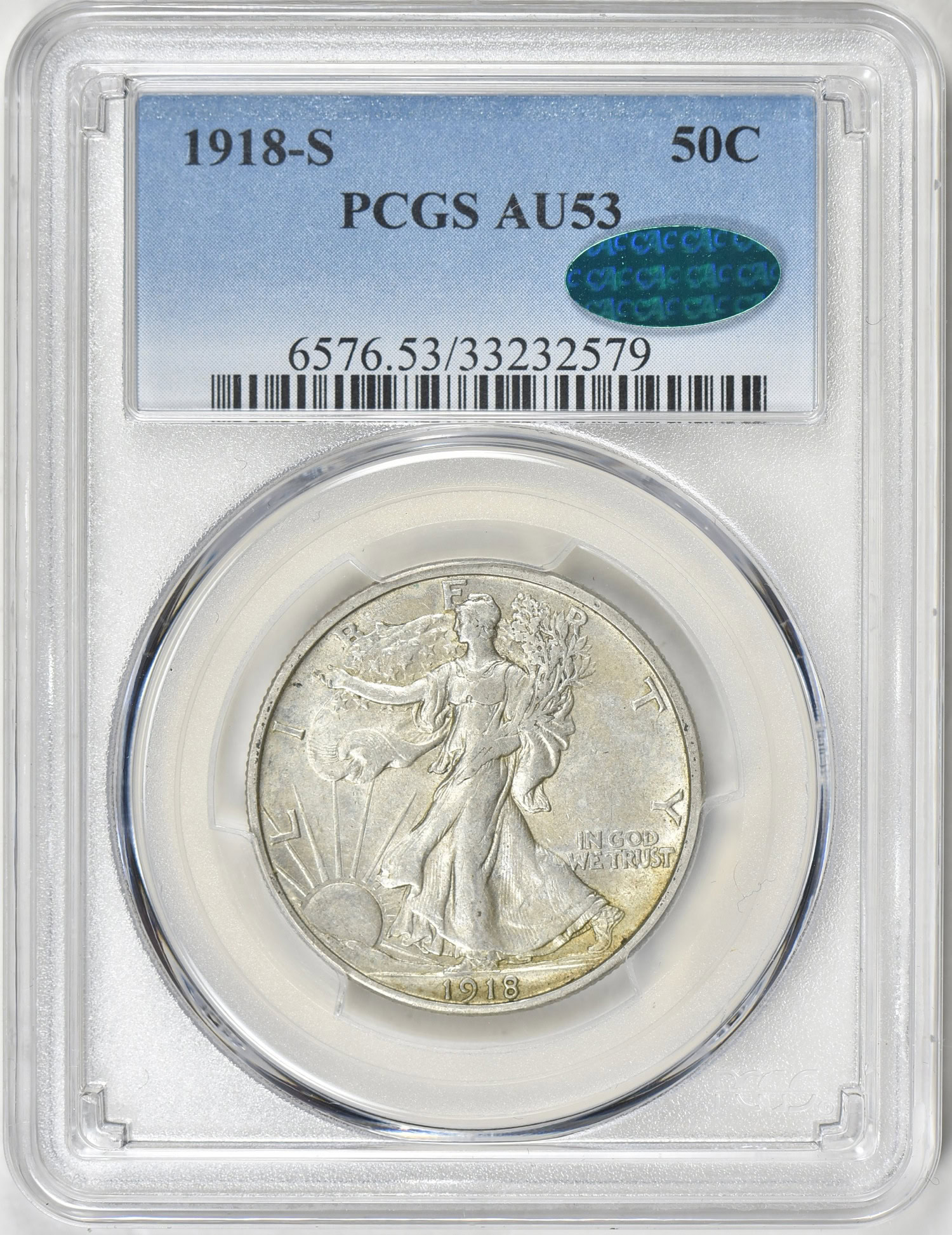 1918-S Walking Liberty Half Dollar PCGS AU-53 (CAC Green) (Item 1968063 ...
