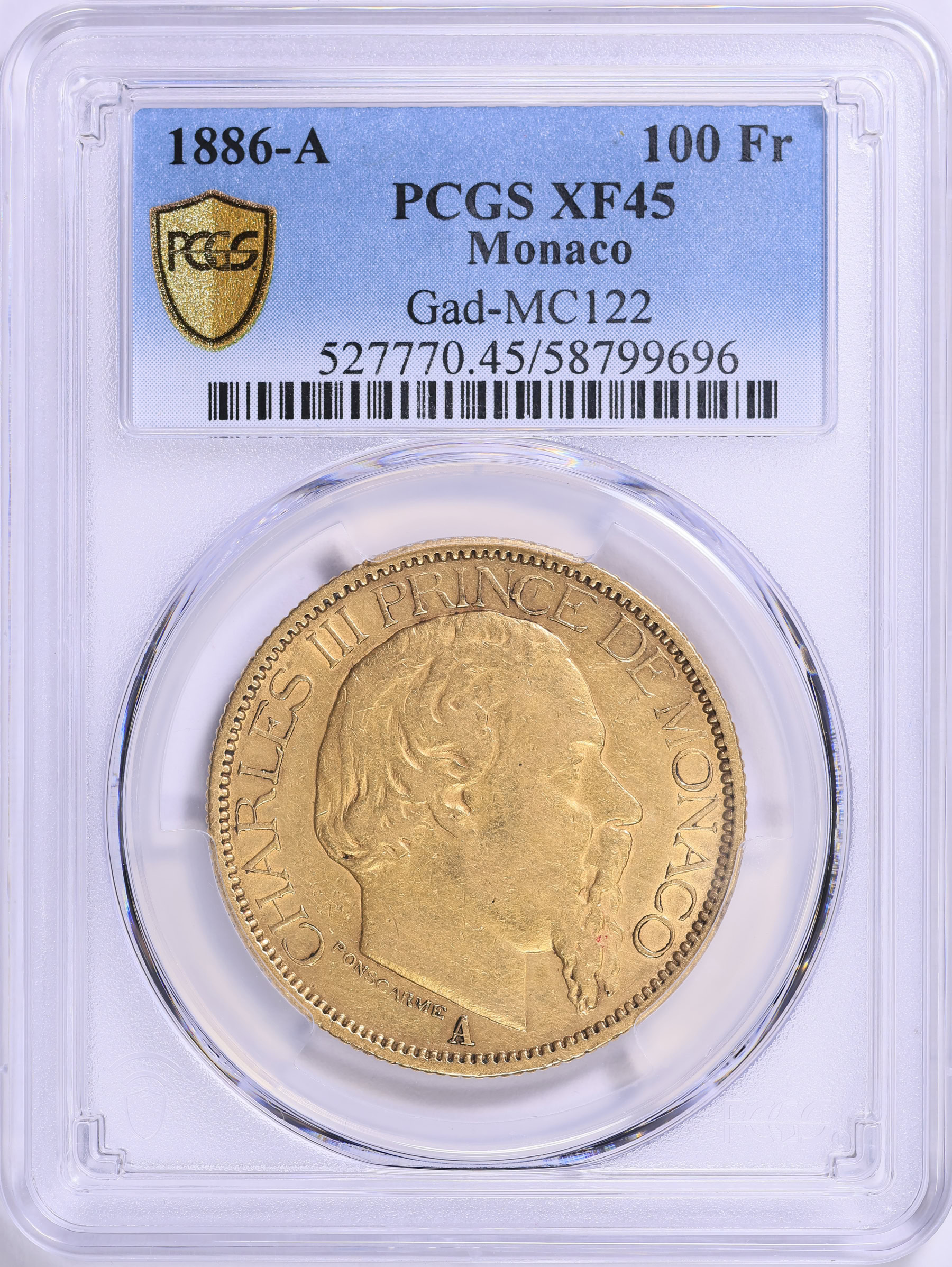 Monaco 1886-A Gold 100 Francs KM-99 PCGS XF-45 (AGW = 0.9334 oz.) (Item ...
