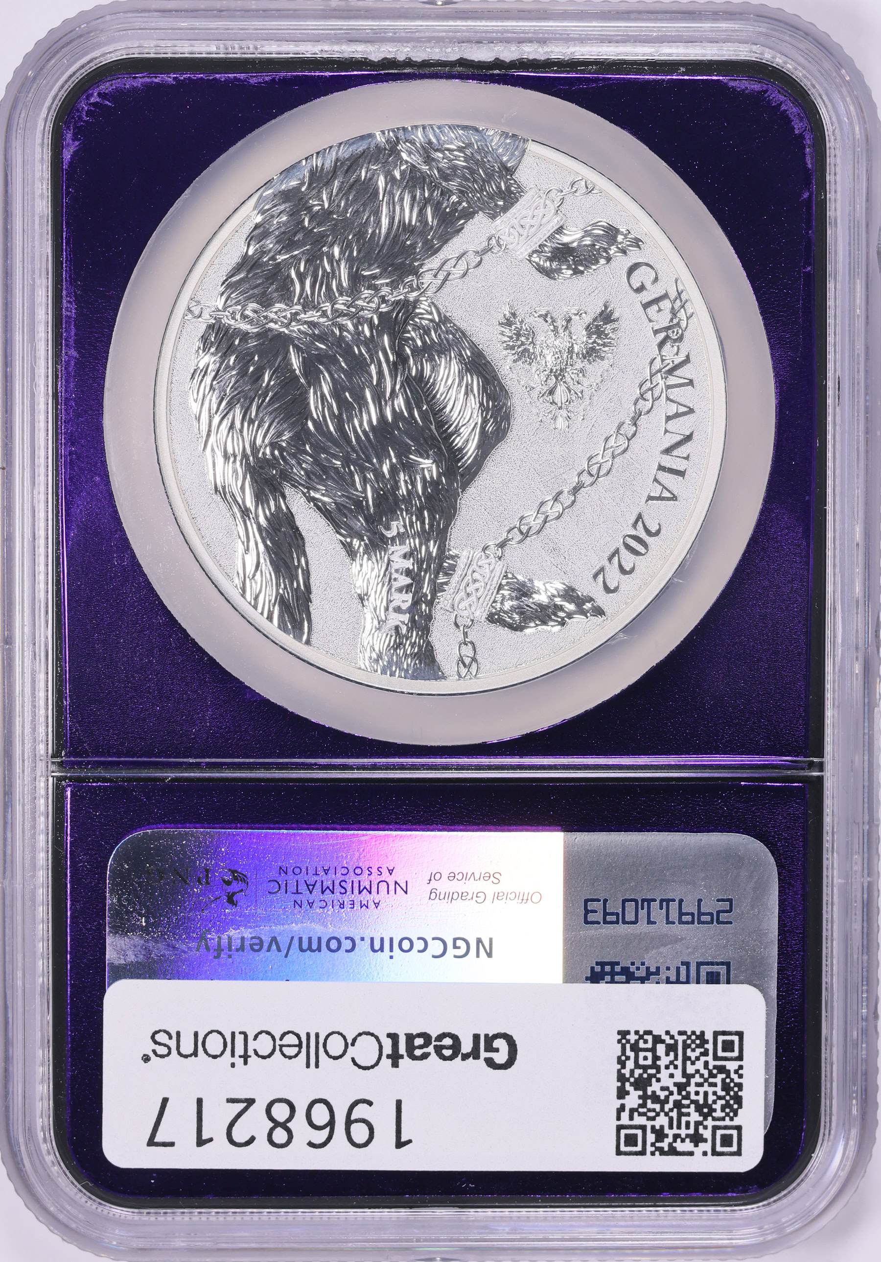 Germania 2022 Silver 5 Marks Fenrir Private Fantasy Issue NGC MS-70 (Purple Bee Frame Holder ...