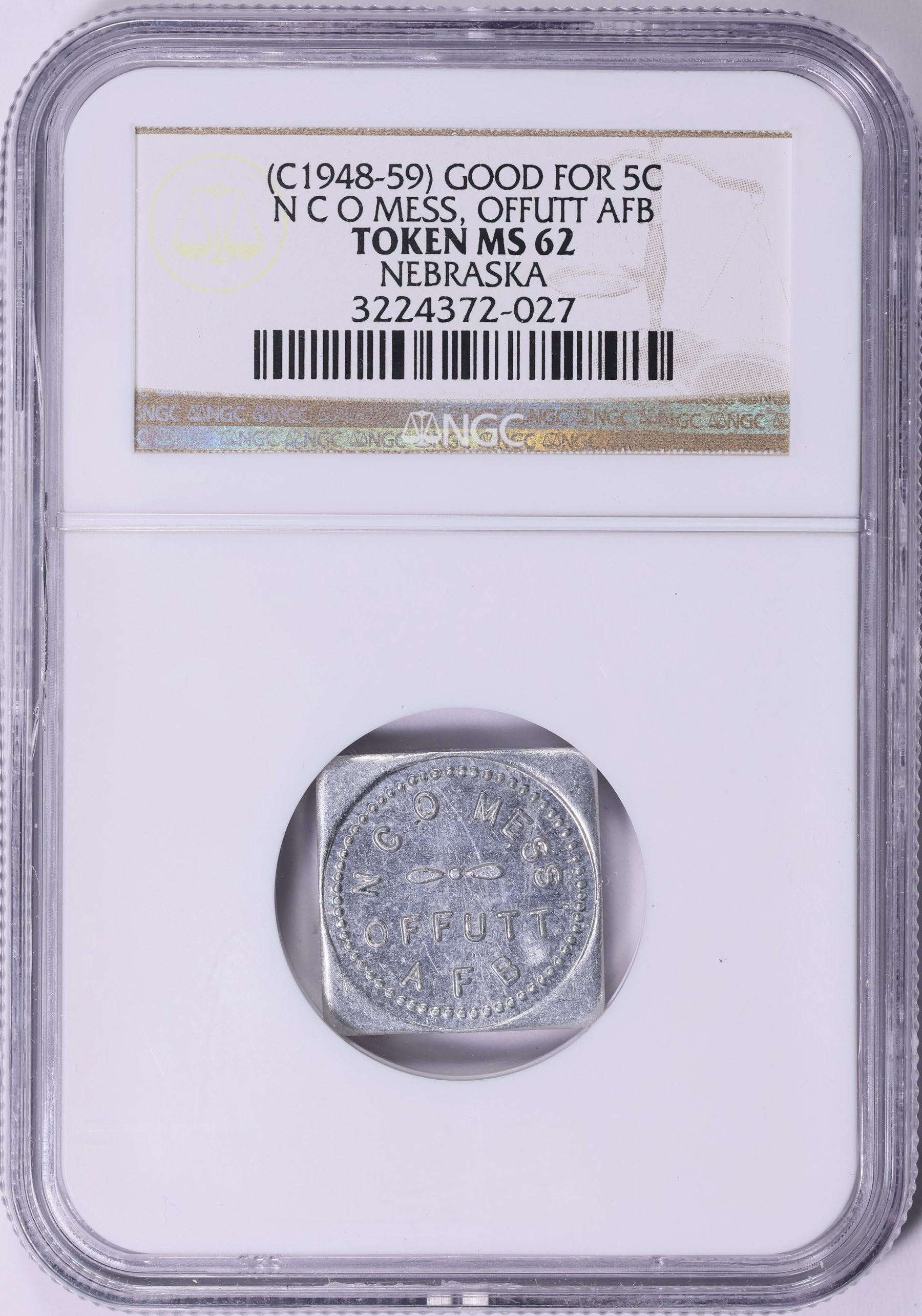 ND (c.1948-59) Offutt Air Force Base, Nebraska NCO Mess 5 Cents Token ...