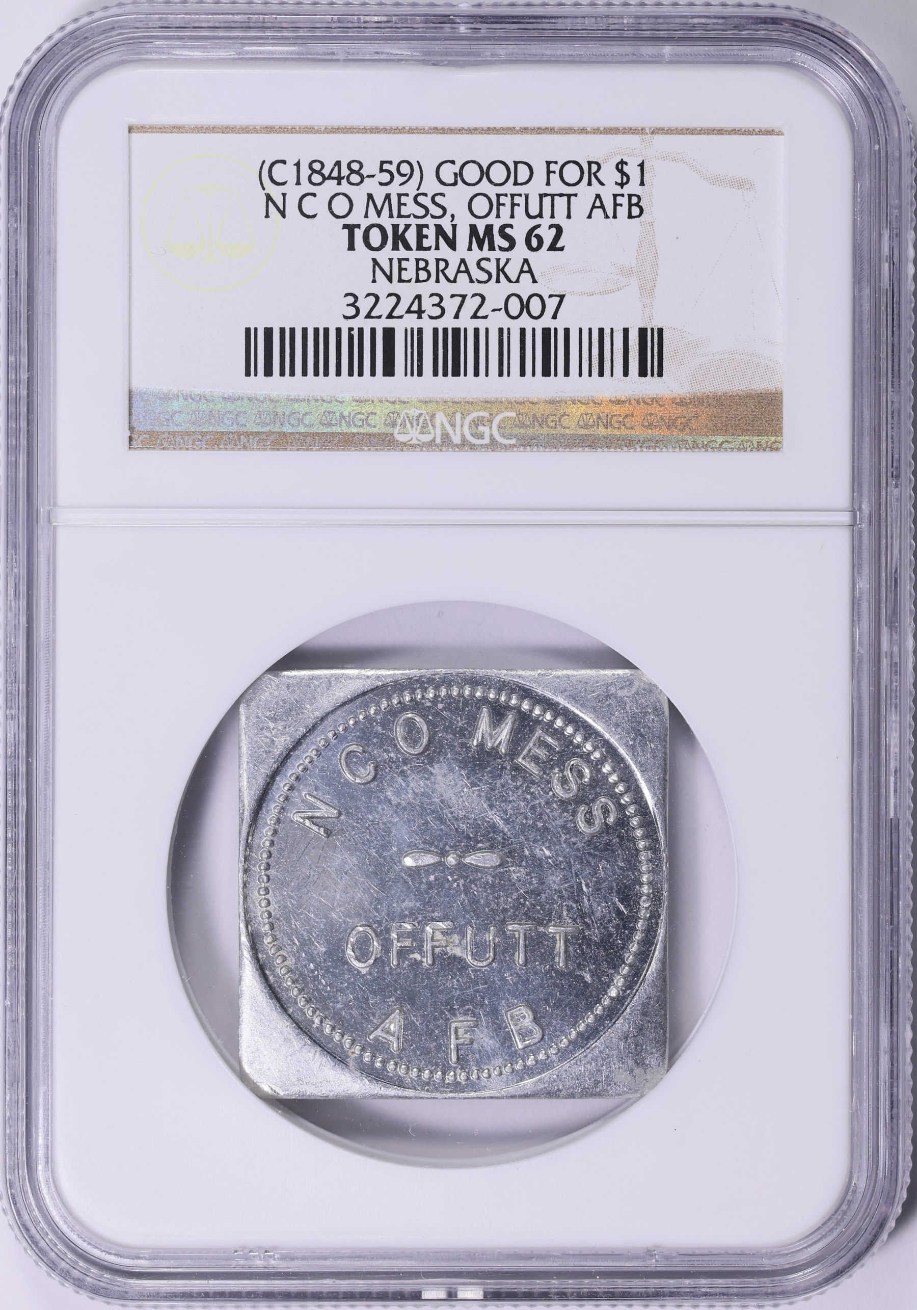 ND (c.1948-59) Offutt Air Force Base, Nebraska NCO Mess $1 Token NGC MS ...