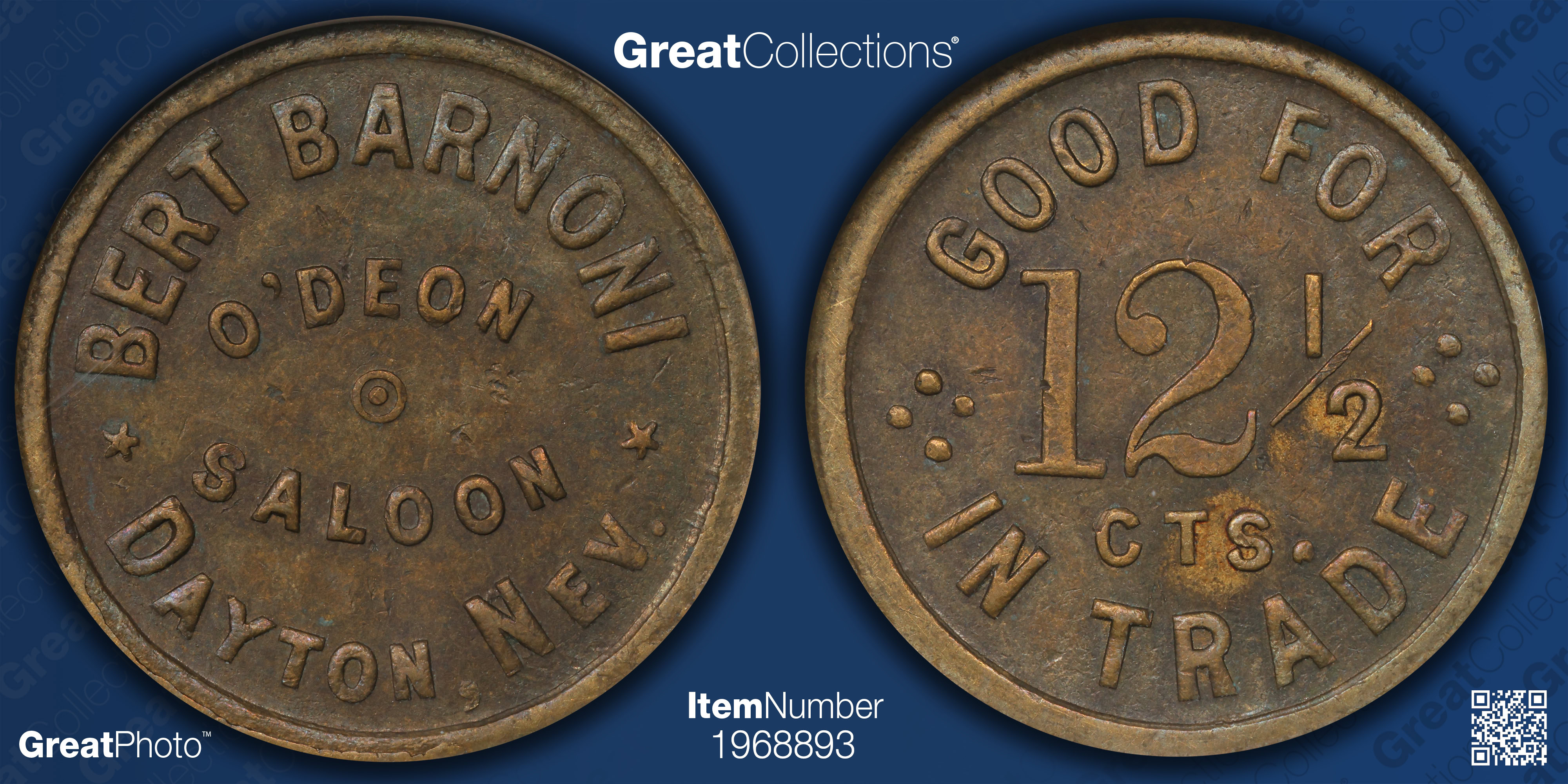 ND (c.1905) Dayton, Nevada Bert Barnoni Odeon Hall Saloon 12.5 Cents ...
