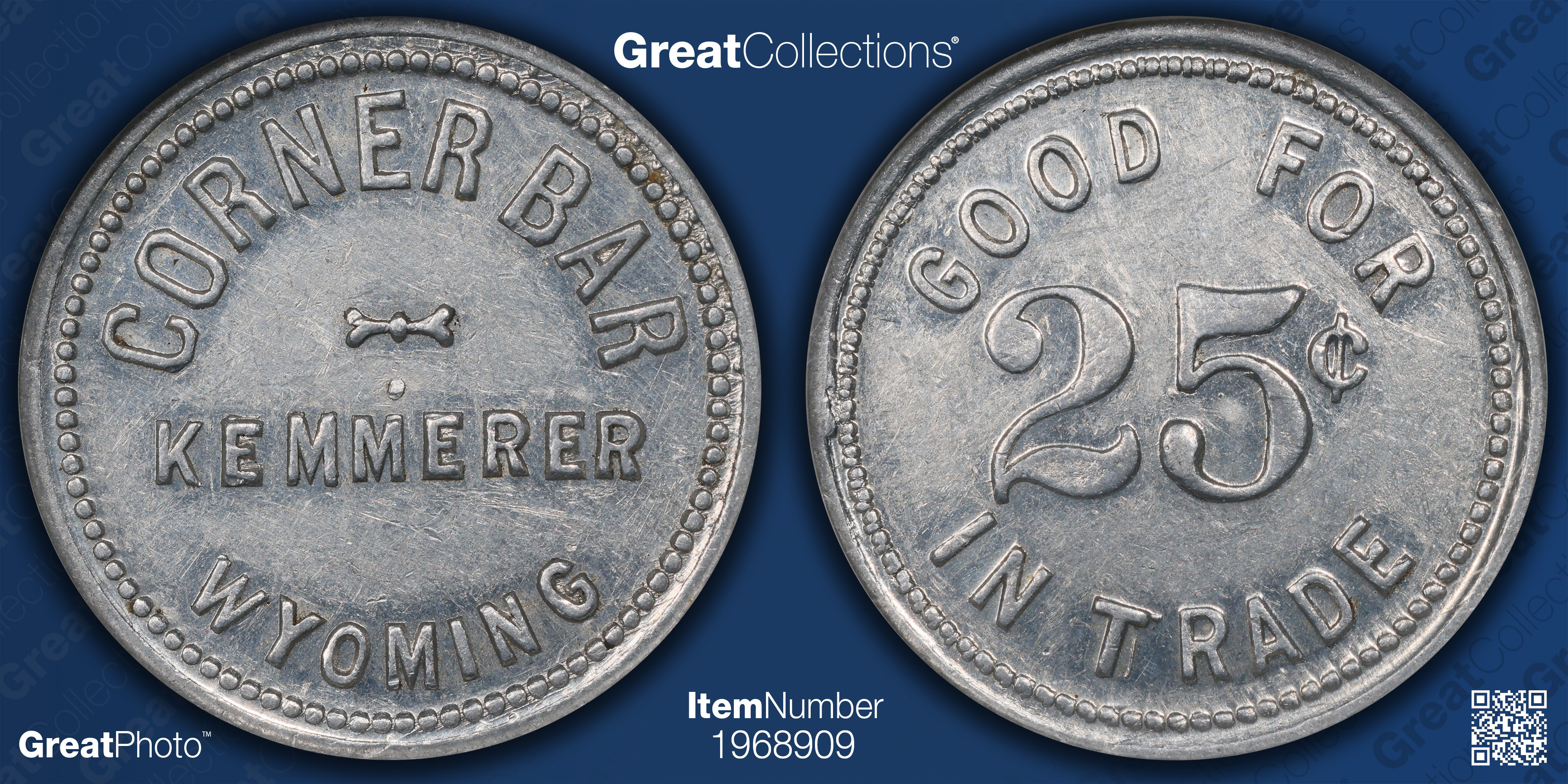ND (c.1910) Kemmerer City, Wyoming Corner Bar 25 Cents Token NGC AU-58 ...