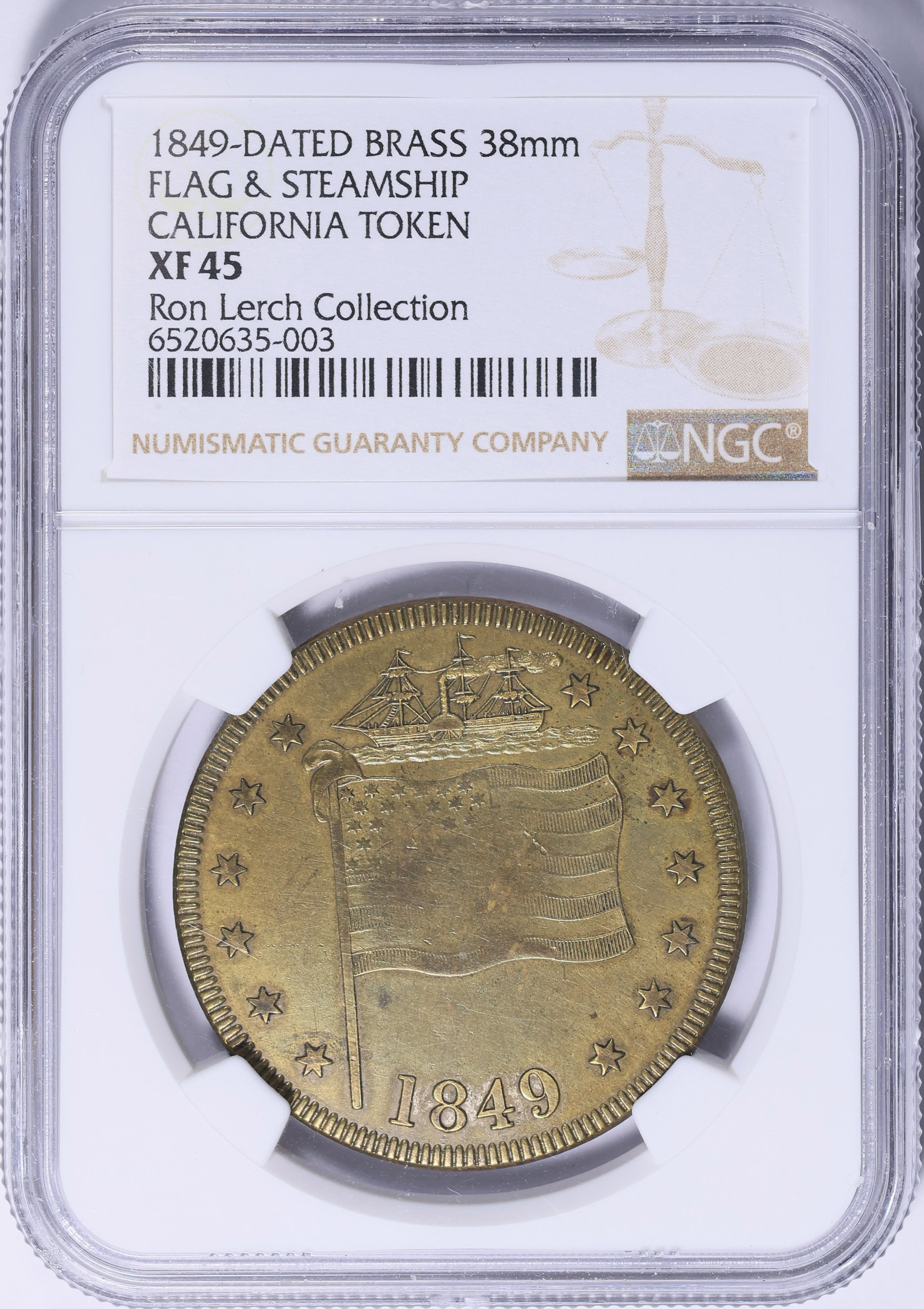 1849-Dated Brass 38mm Flag & Steamship California Token NGC XF-45 (Ex ...