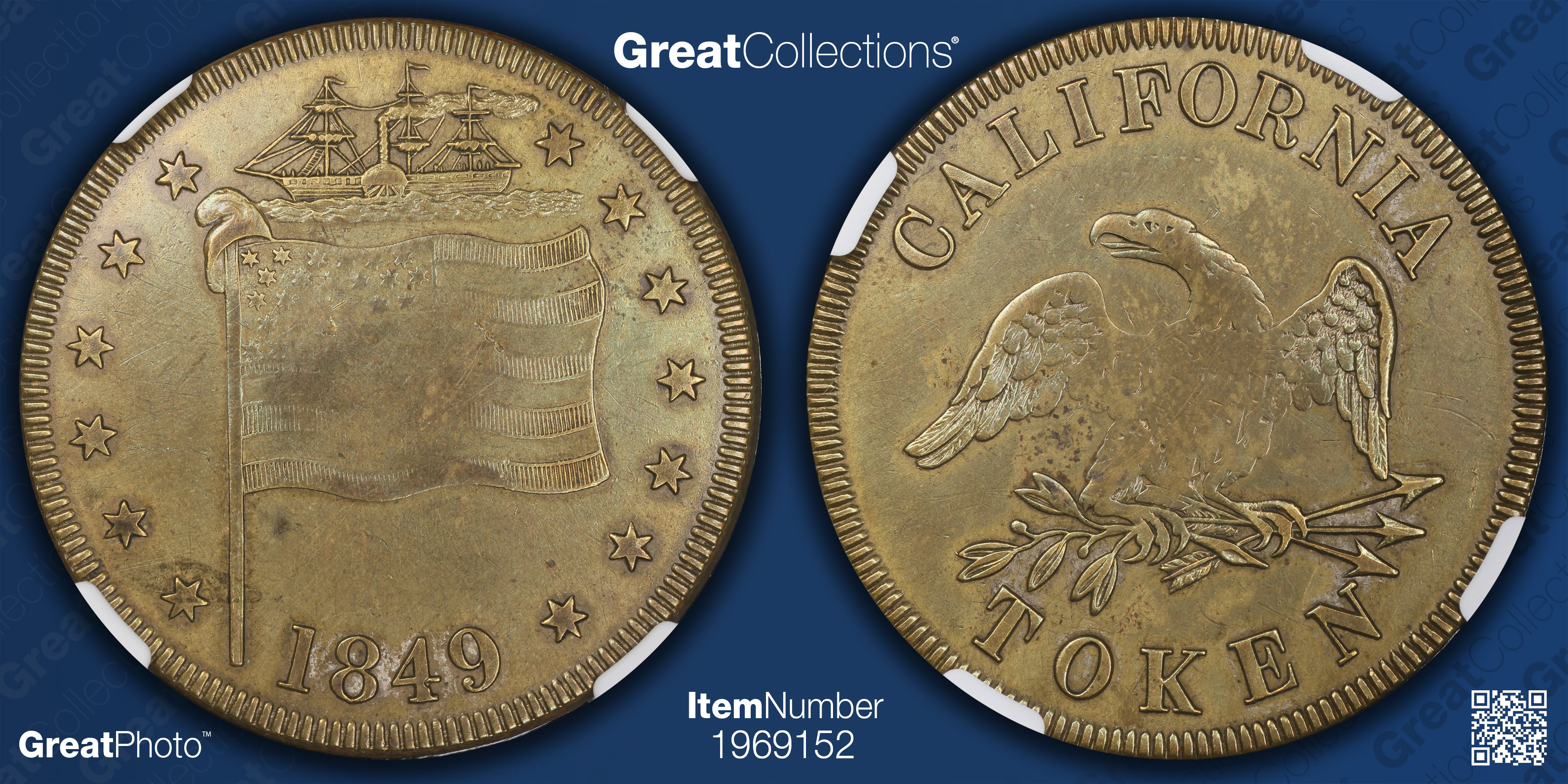 1849-Dated Brass 38mm Flag & Steamship California Token NGC XF-45 (Ex ...