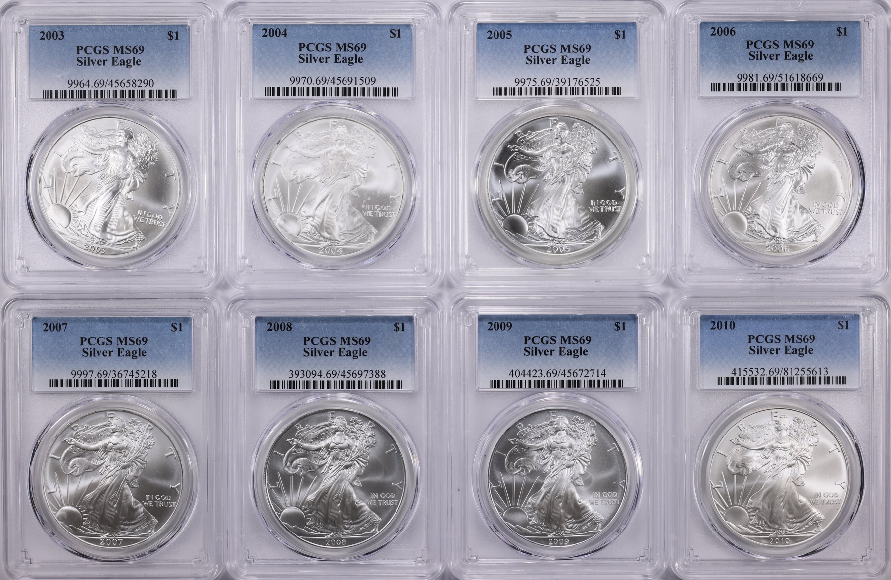 2003 - 2018 $1 Silver Eagle Date Run PCGS MS-69 (16 Coins) (Item ...
