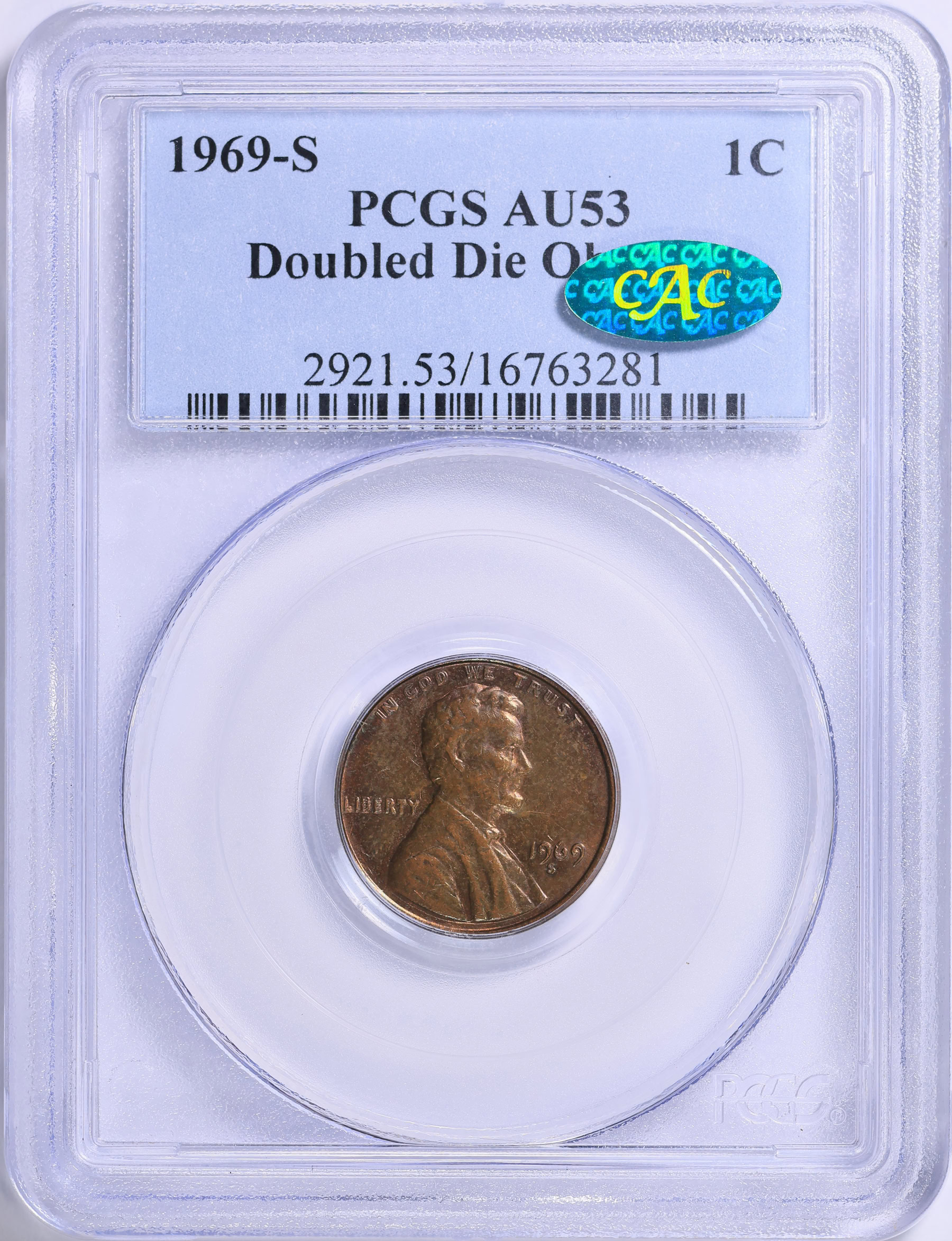 1969-S Lincoln Cent Doubled Die Obverse PCGS AU-53 BN (CAC Green) (Item ...