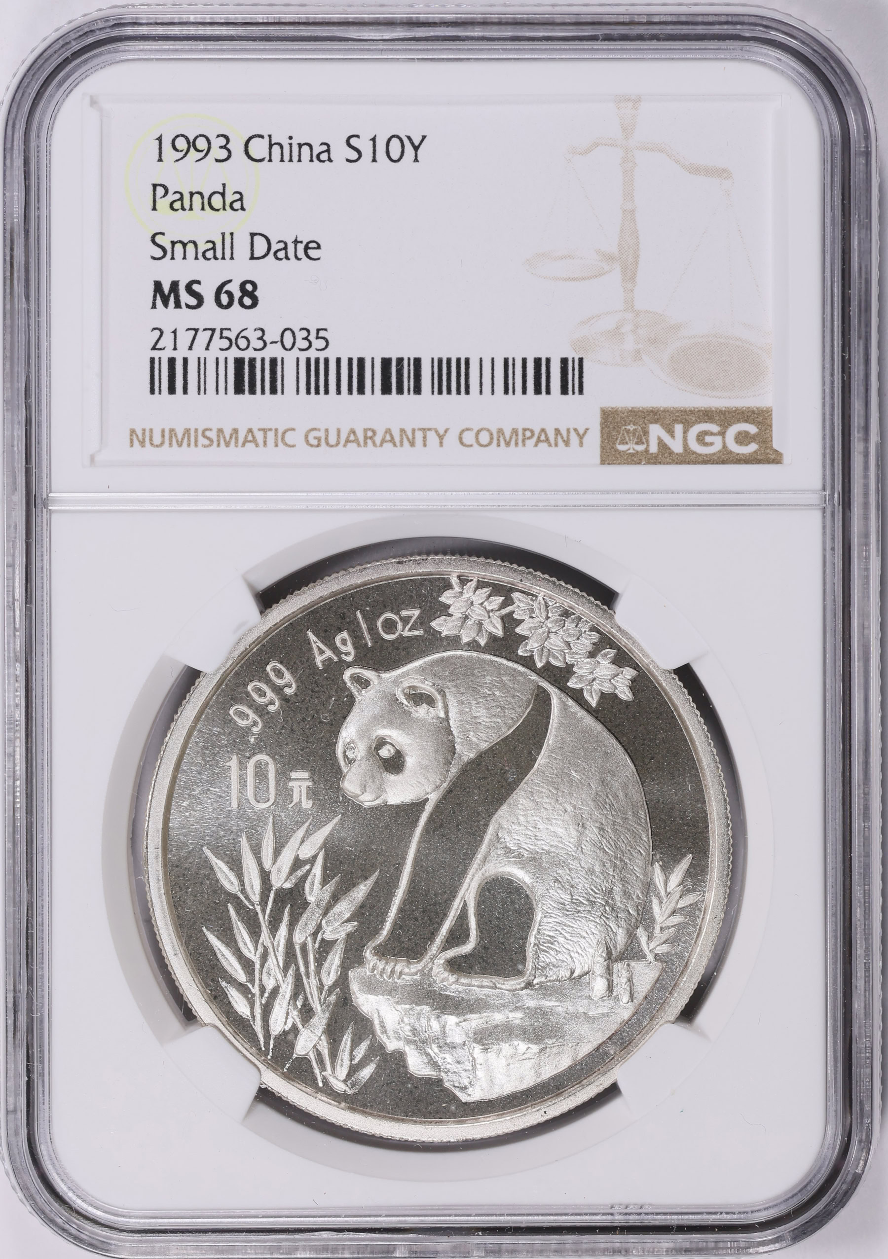 China 1993 Silver 10 Yuan Panda Small Date KM-485 NGC MS-68 (ASW = 0. ...