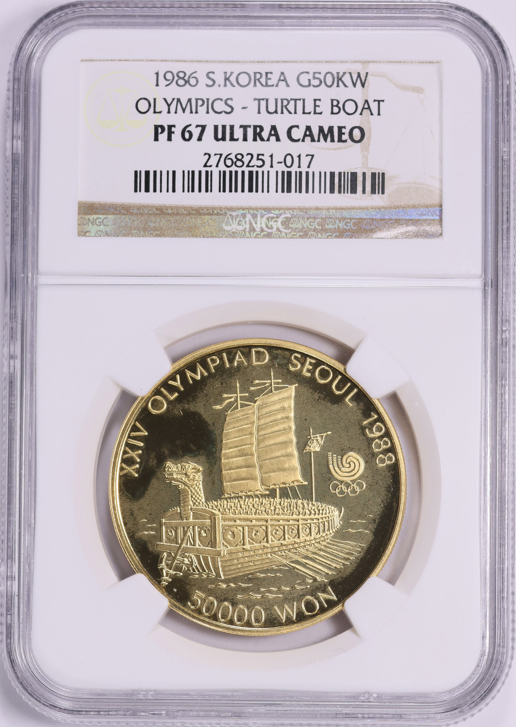 Korea 1986 Gold 50,000 Won Seoul Olympics Turtle Boat KM-59 NGC Proof ...