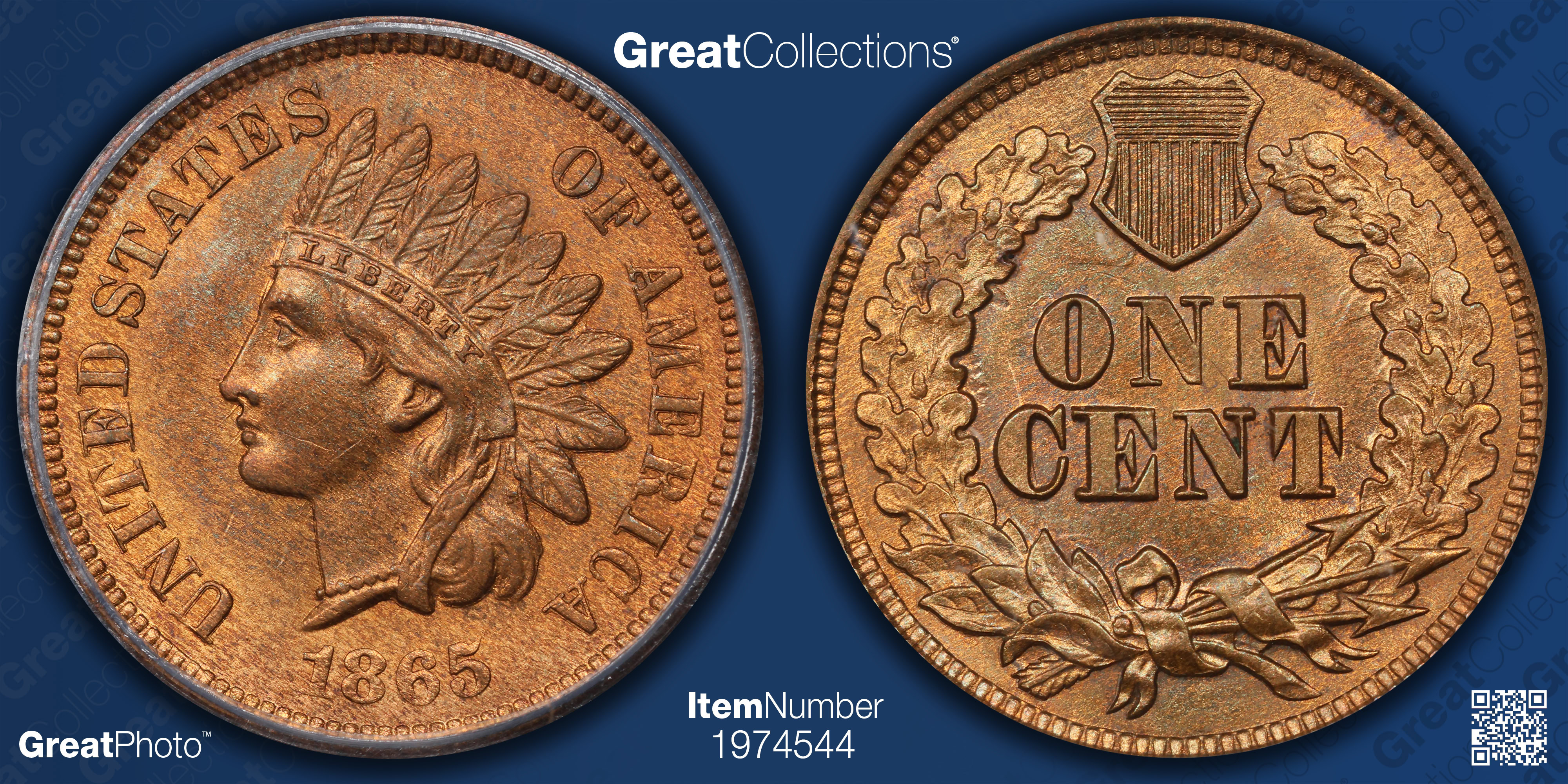 1865 Indian Cent Fancy 5 ICG MS-64 RB (Item 1974544) | GreatCollections ...
