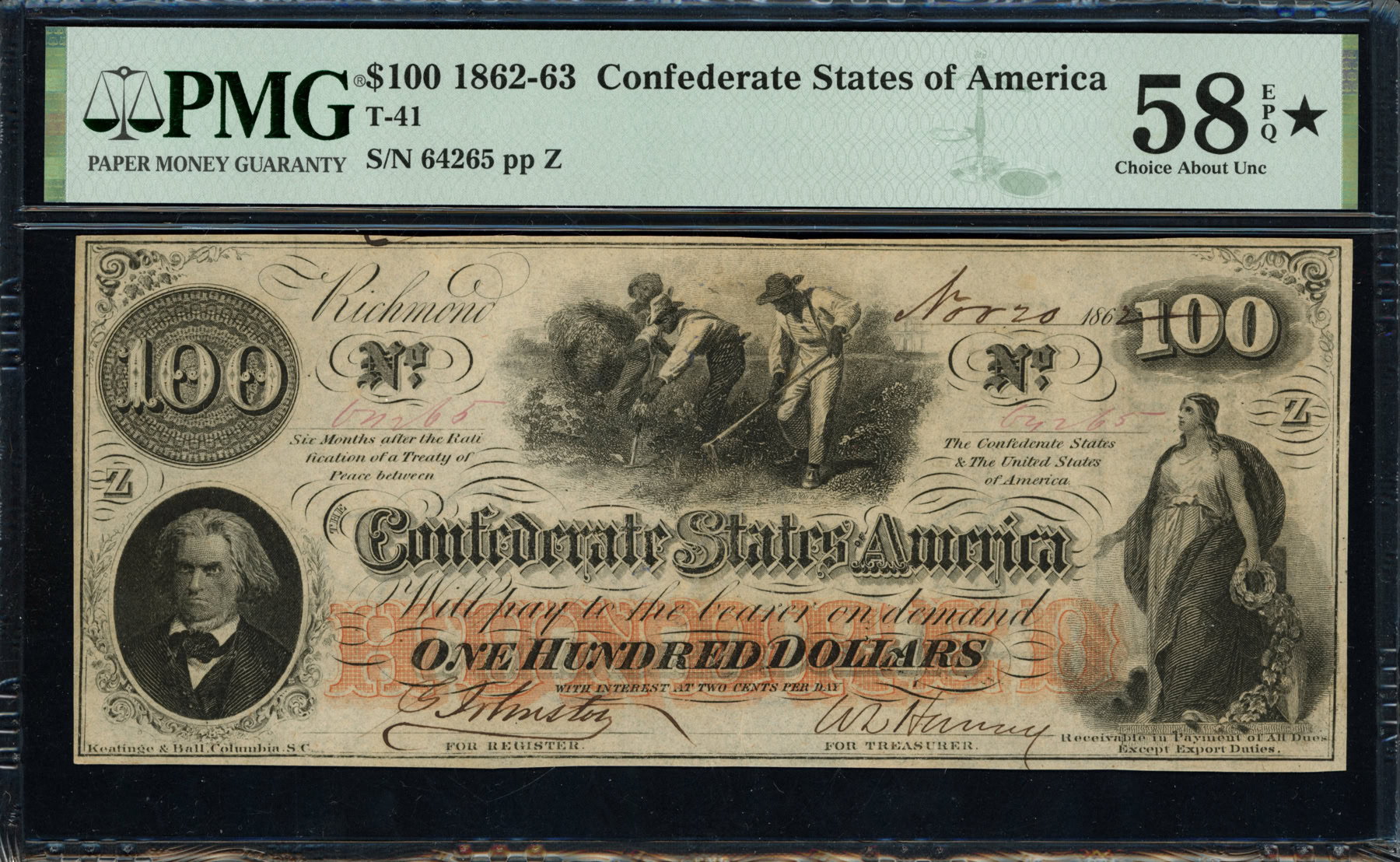 T-41 Nov. 20, 1862 Confederate States of America $100 Note PMG Choice ...