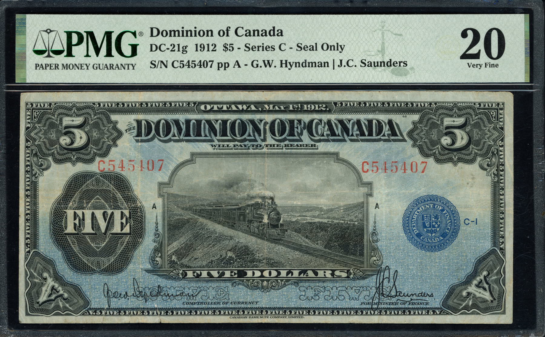 Canada 1912 $5 Dominion of Canada Note SCWPM-31f Hyndman / Saunders PMG ...