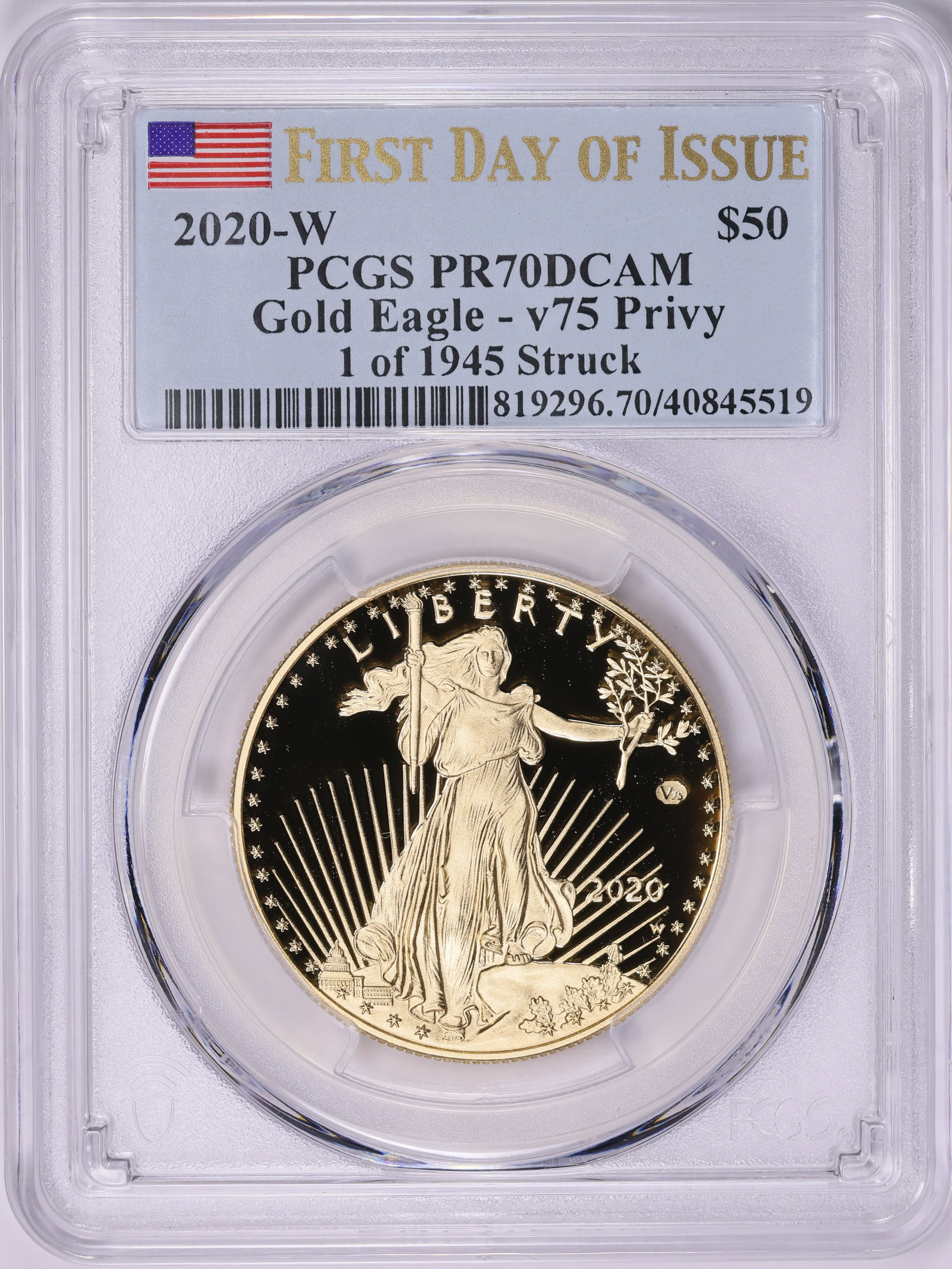 2020-W $50 One-Ounce Gold American Eagle V75 Privy 1 of 1945 Struck ...