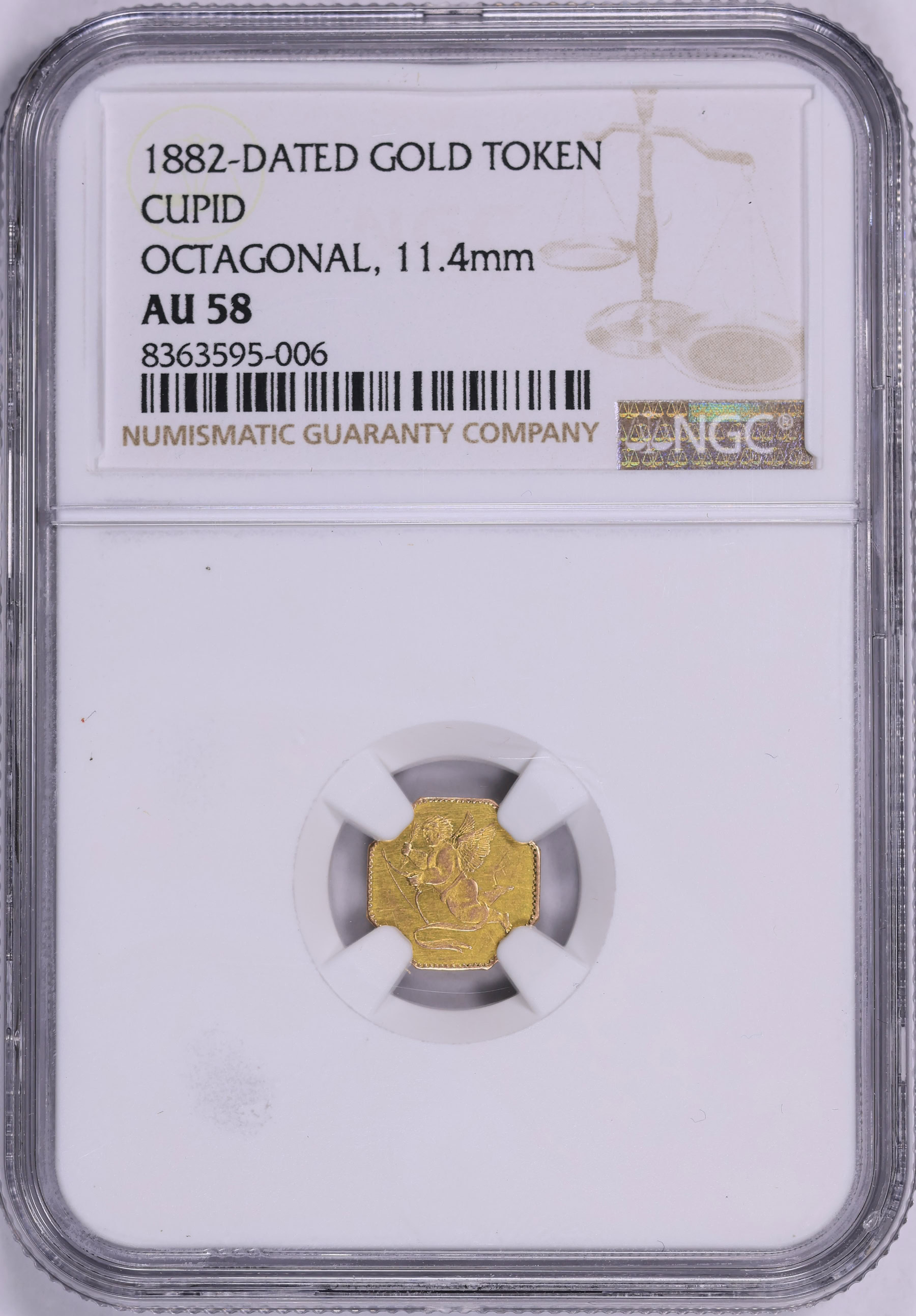 1882-Dated 11.4mm Gold Token Octagonal Cupid NGC AU-58 | NGC Cert ...