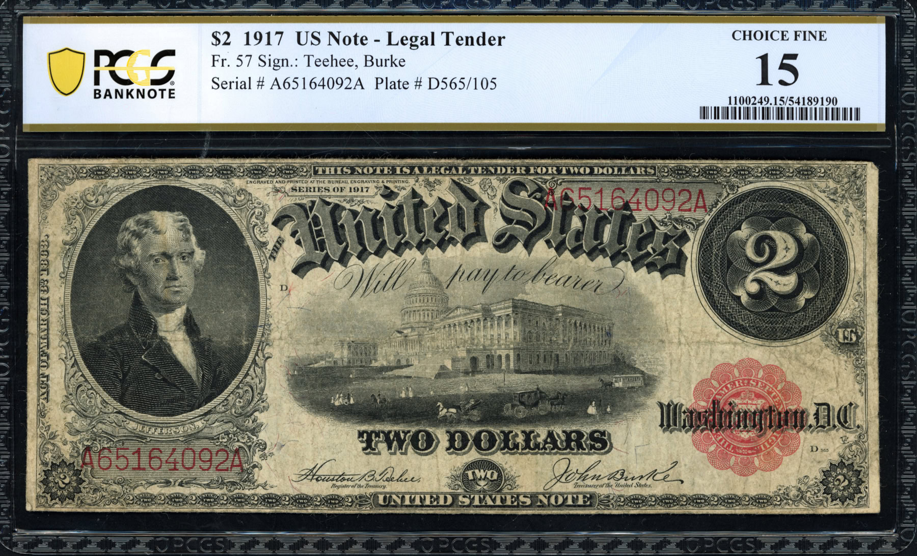 Fr. 57 1917 $2 Legal Tender Note Teehee / Burke PCGS Banknote Choice ...