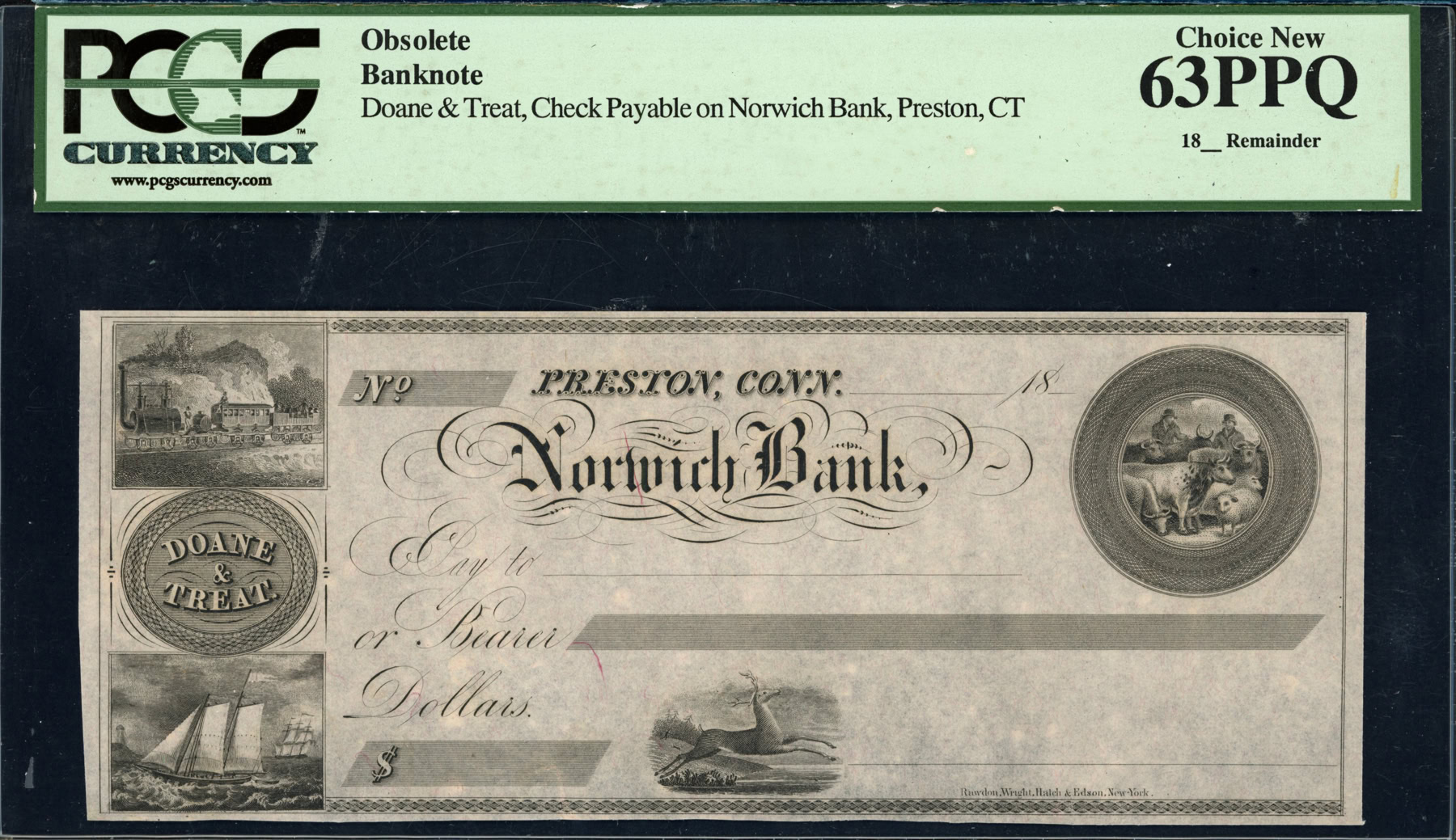 18__ Preston, Connecticut Doane & Treat Check Payable on Norwich Bank ...