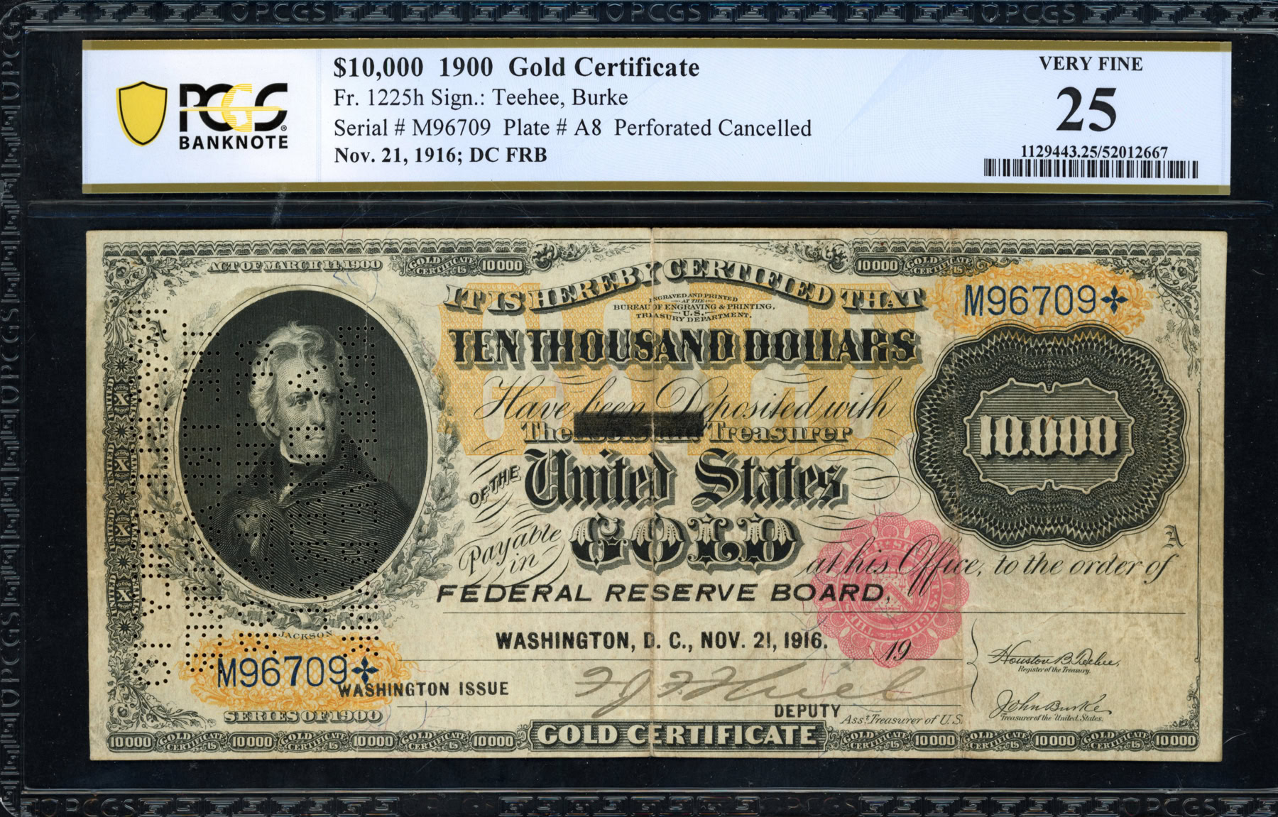 Fr. 1225h 1900 $10,000 Gold Certificate Note Teehee / Burke PCGS ...