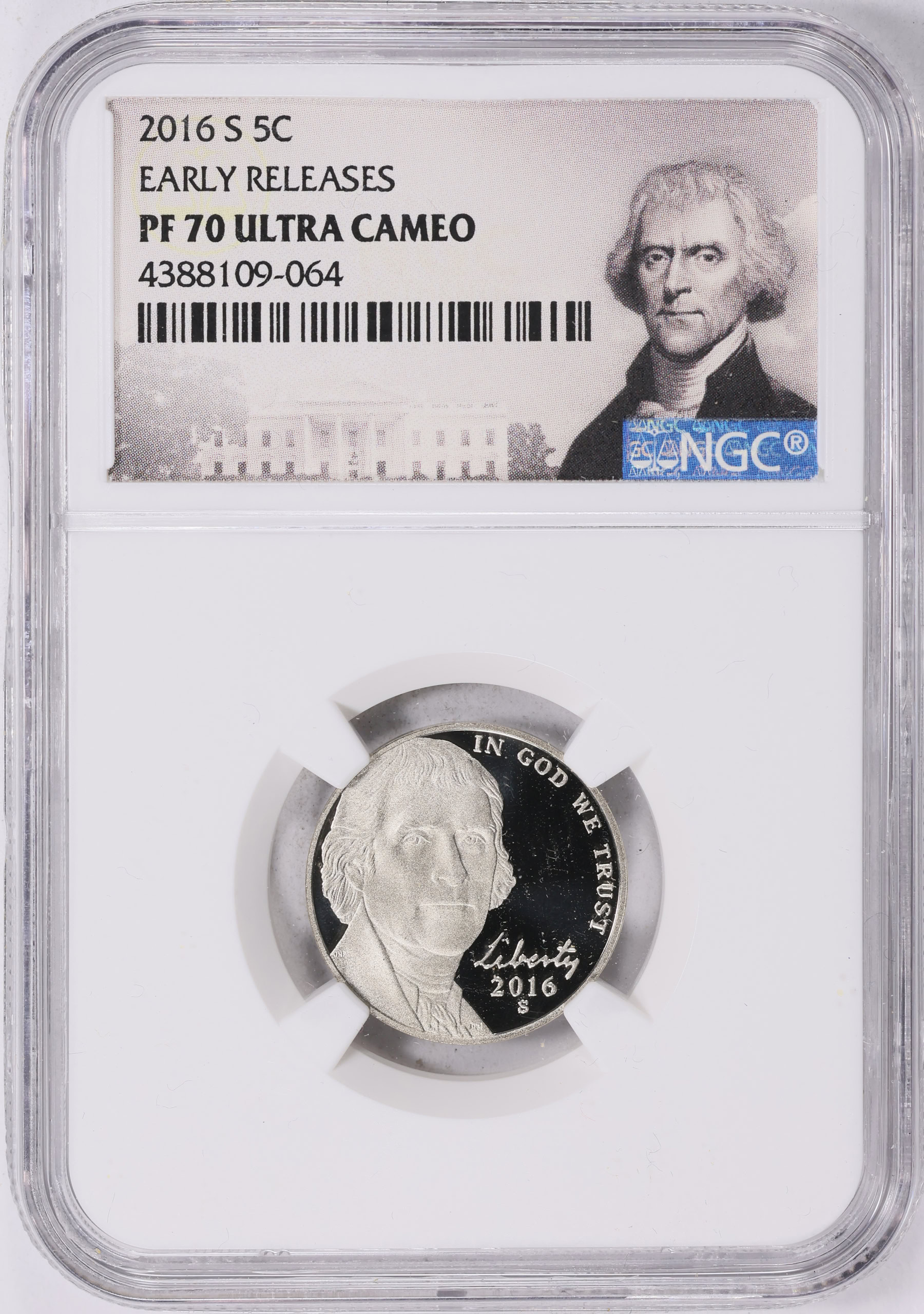 2016-S Jefferson Nickel Early Releases NGC Proof-70 UC (Jefferson Label ...