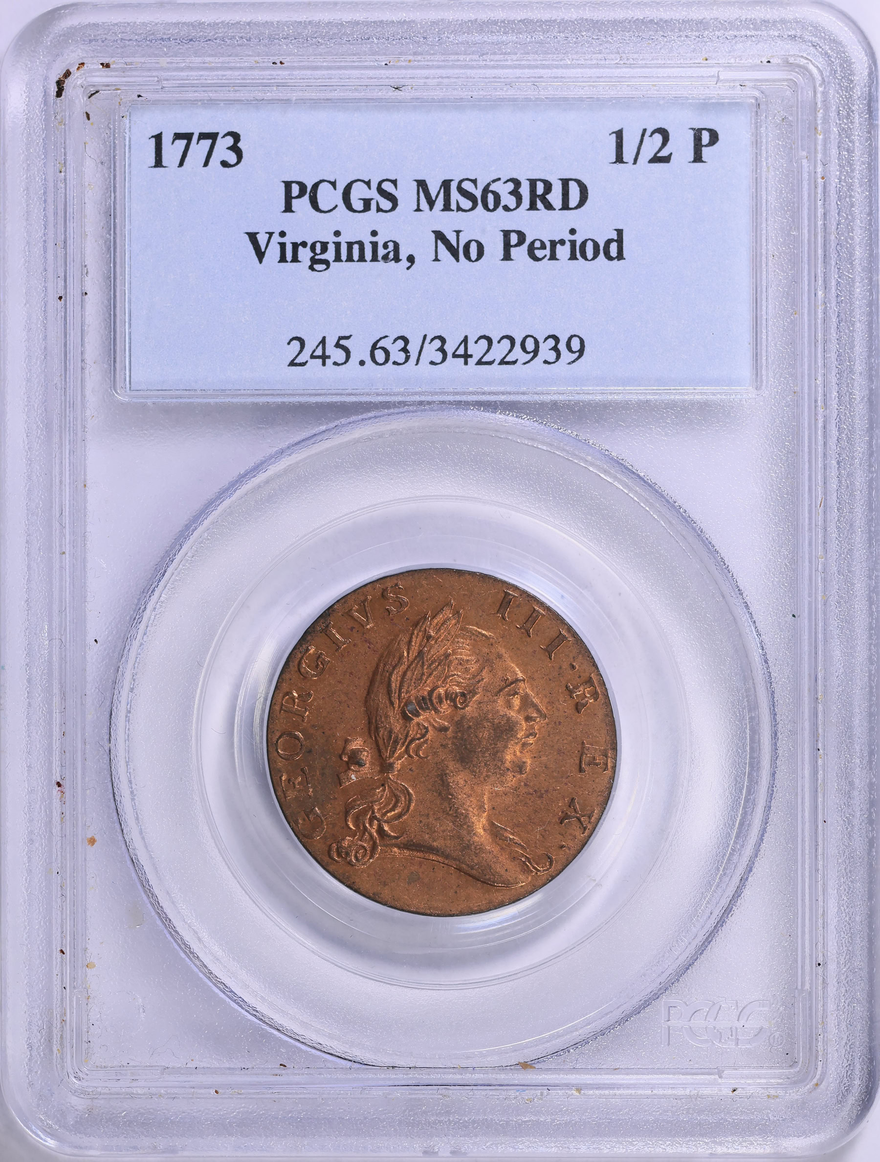 1773 Virginia Halfpenny No Period PCGS MS-63 RD (Item 1976112 ...