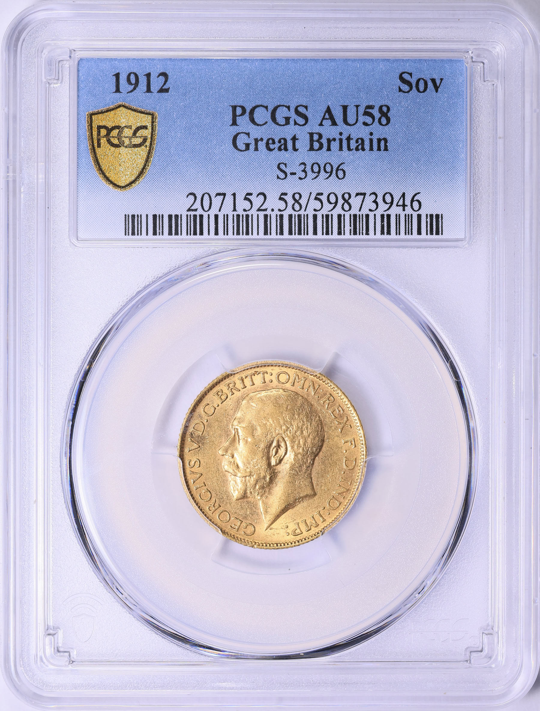 Great Britain 1912 Gold Sovereign KM-820 PCGS AU-58 (AGW = 0.2355 Oz ...
