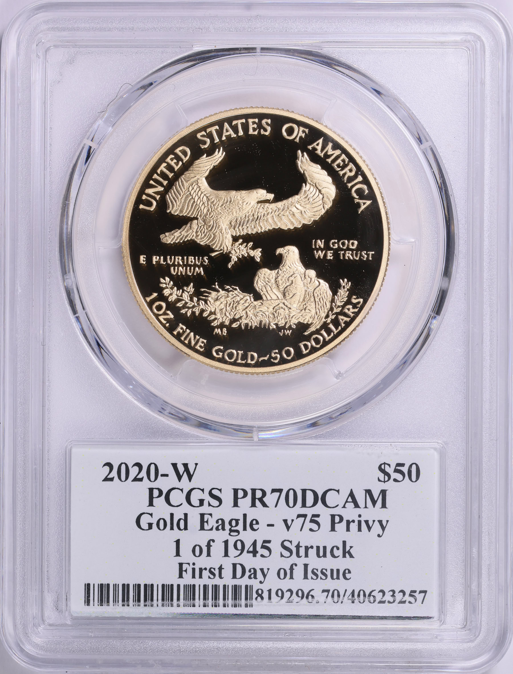 2020-W $50 One-Ounce Gold American Eagle V75 Privy 1 of 1945 Struck ...