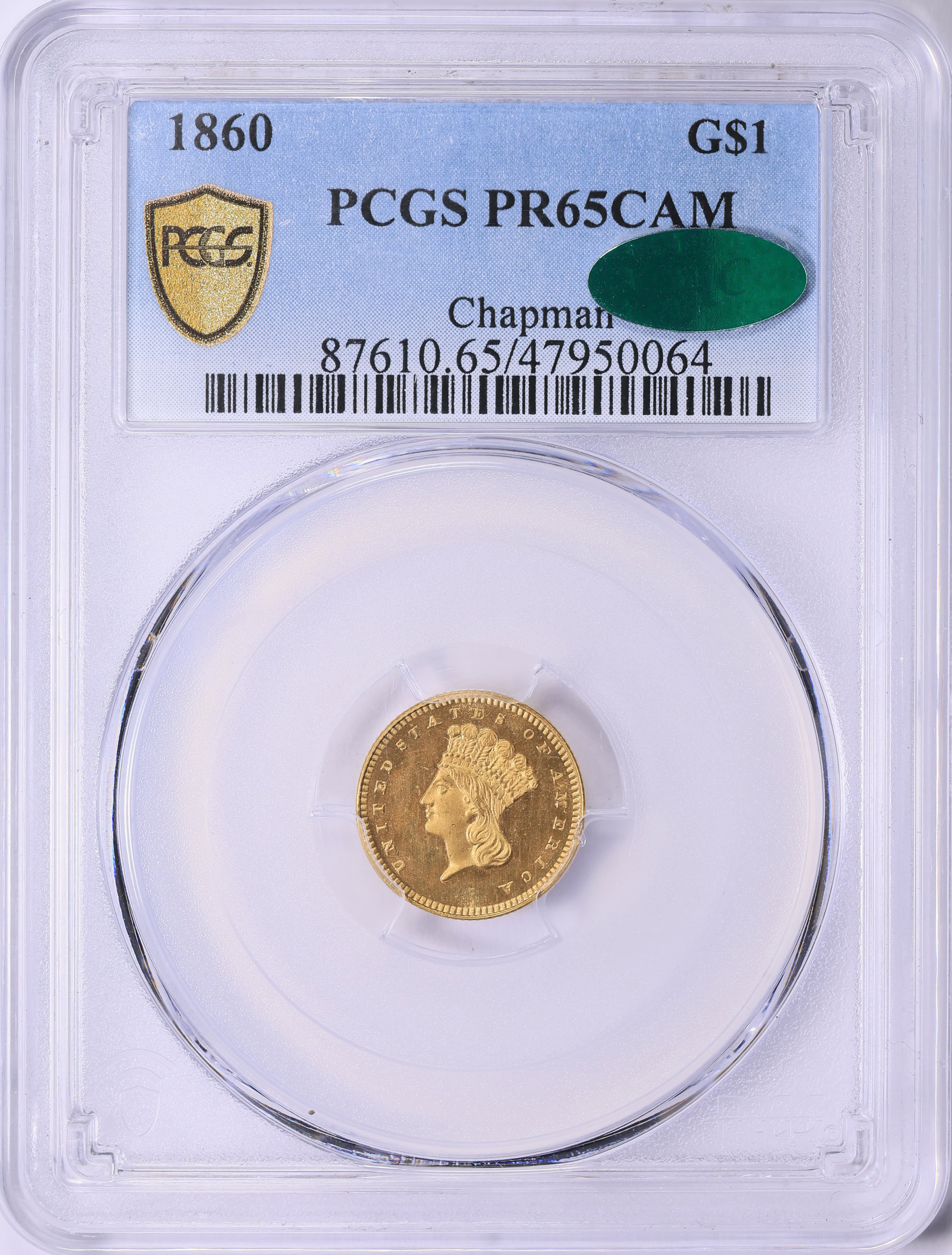 1860 Indian Princess Gold Dollar PCGS Proof-65 CAMEO (CAC Green ...