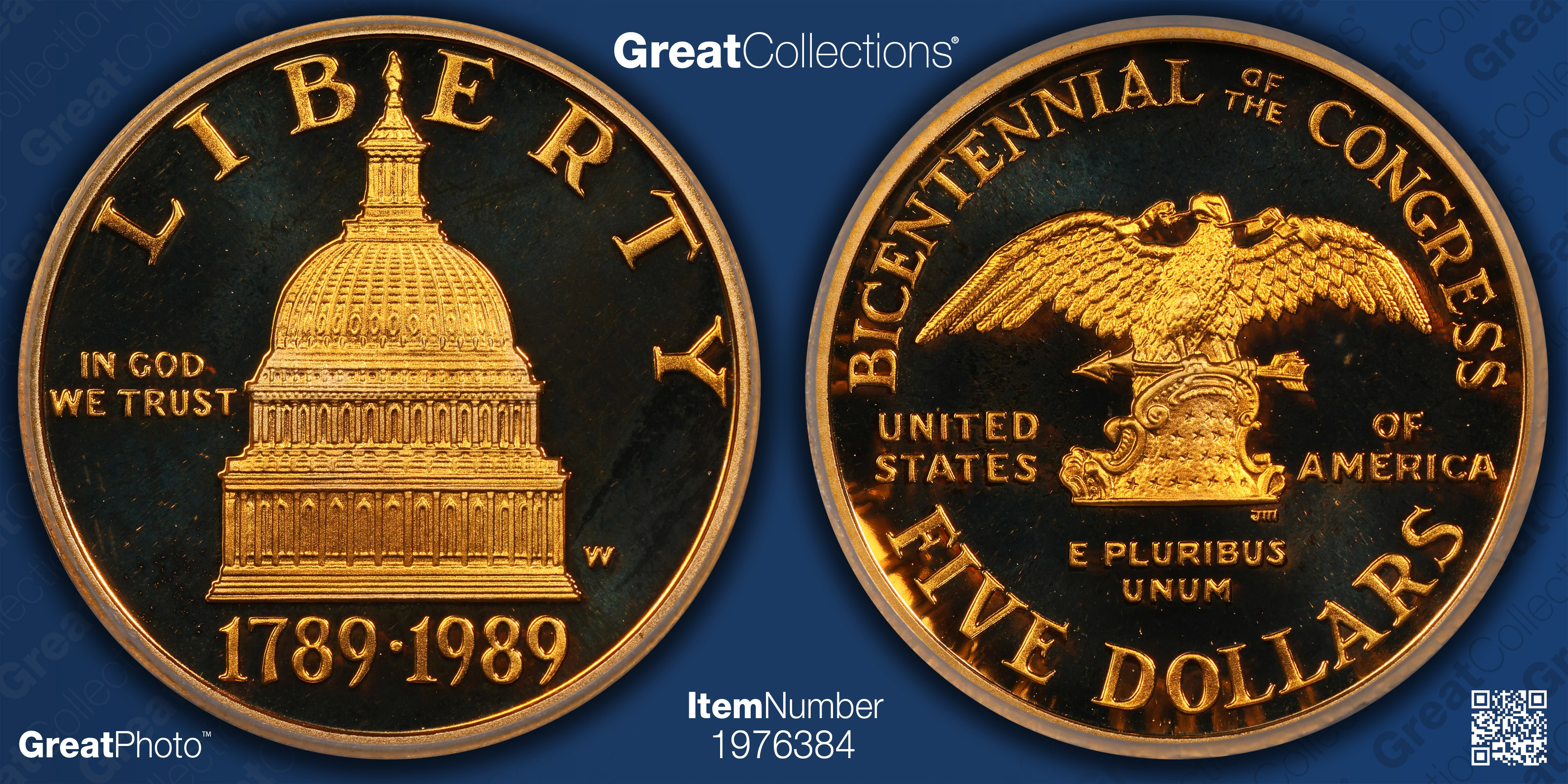 1989-W Congress Bicentennial Gold $5 ICG Proof-70 DCAM (Toned) (Item ...