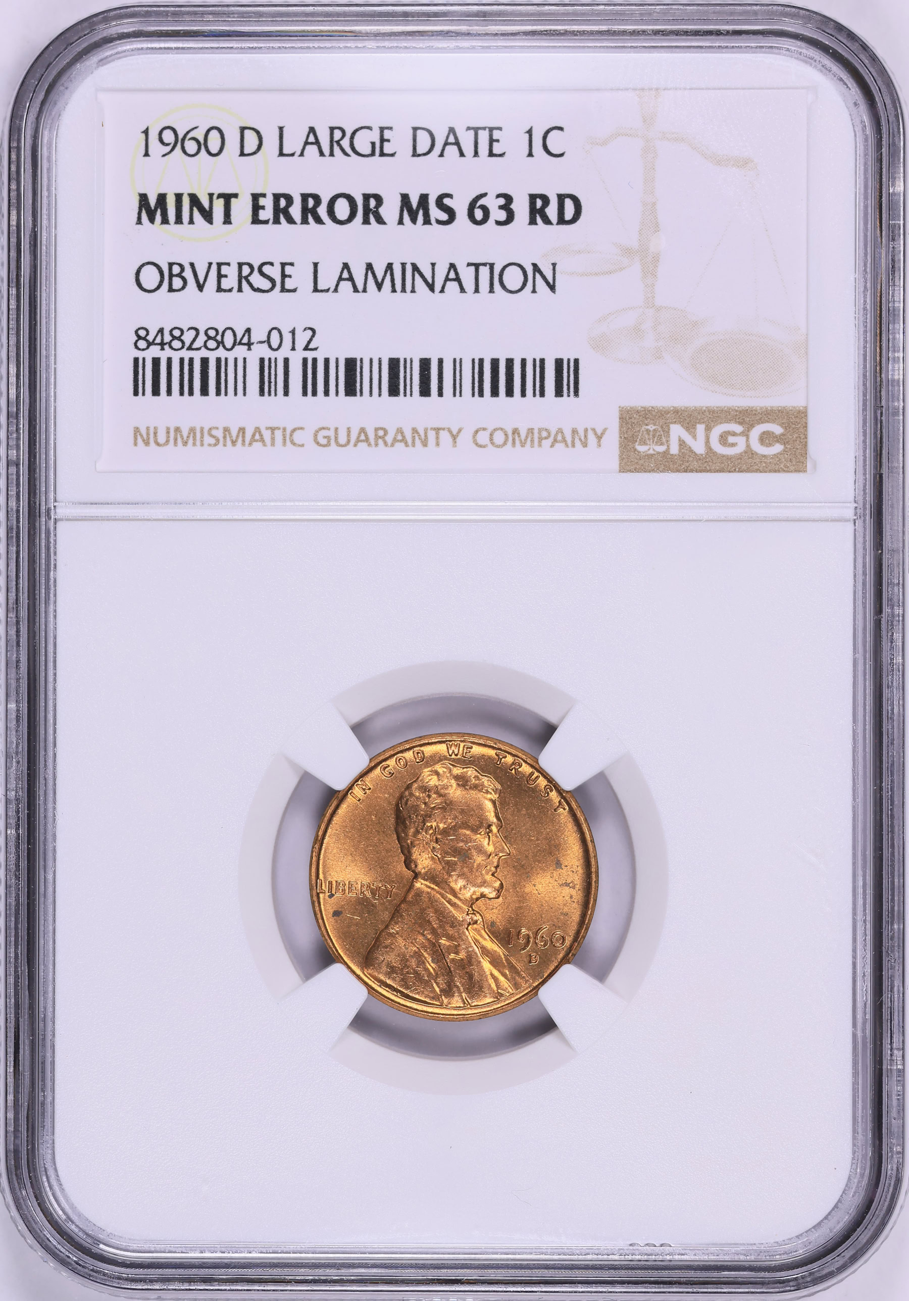 Mint Error 1960-D Lincoln Cent Large Date Obverse Lamination NGC MS-63 ...
