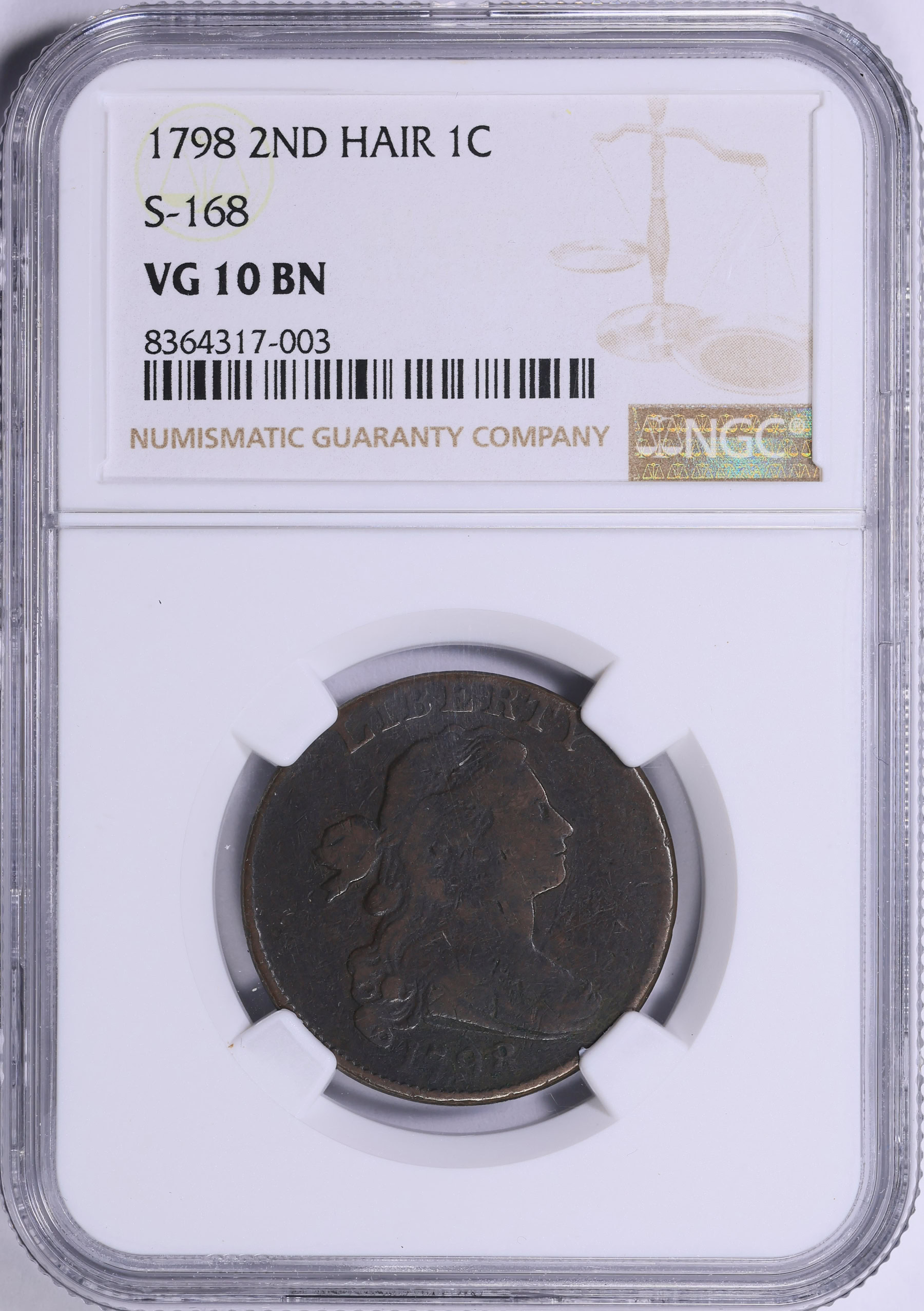 1798 Draped Bust Cent 2nd Hair Style Sheldon 168 NGC VG-10 BN (Item ...