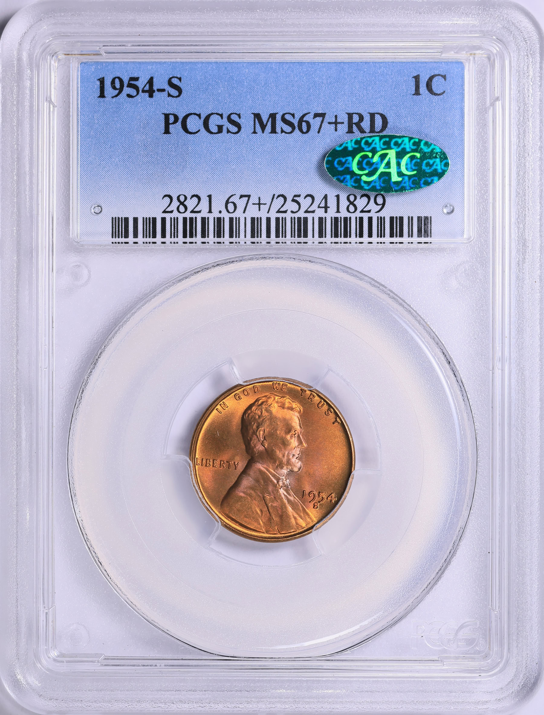 1954-S Lincoln Cent PCGS MS-67+ RD (CAC Green) (Item 1977332) | GreatCollections Coin Auctions