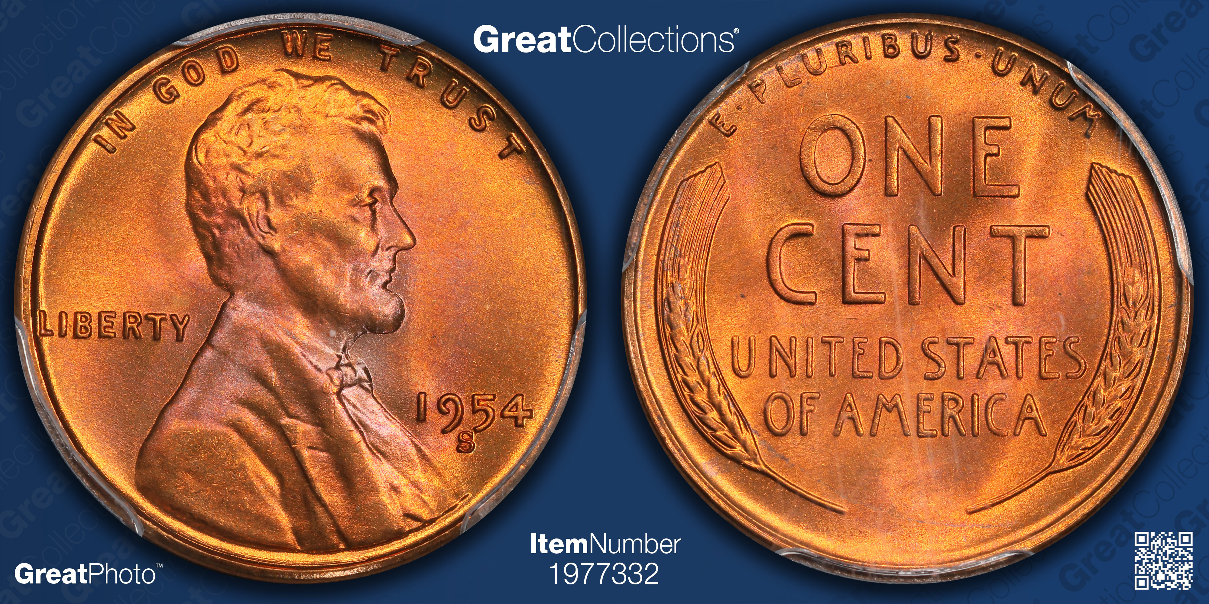 1954-S Lincoln Cent PCGS MS-67+ RD (CAC Green) (Item 1977332) | GreatCollections Coin Auctions