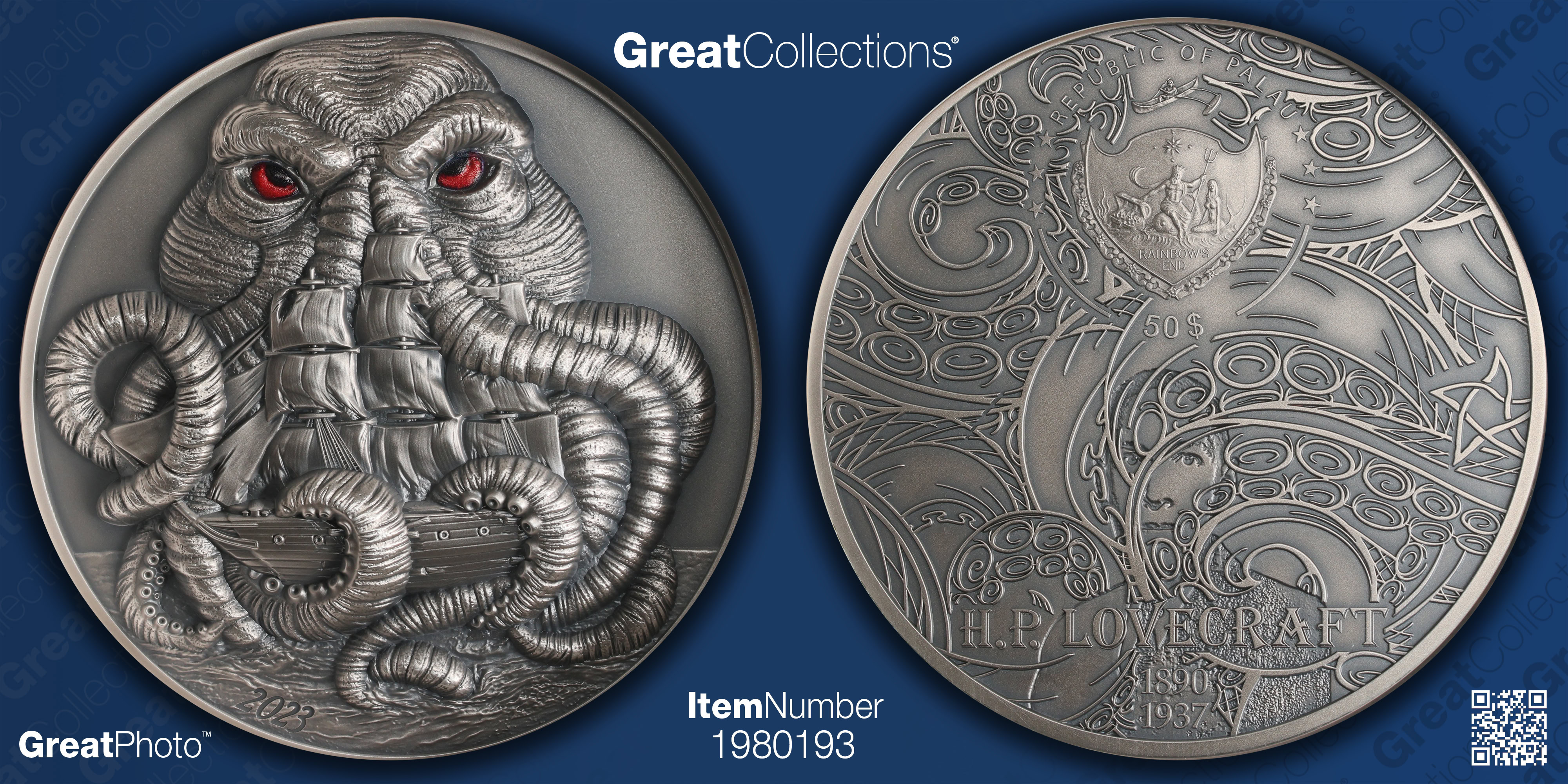 Palau 2023 Silver $50 Kilo H.P. Lovecraft Cthulhu Ultra High Relief ...