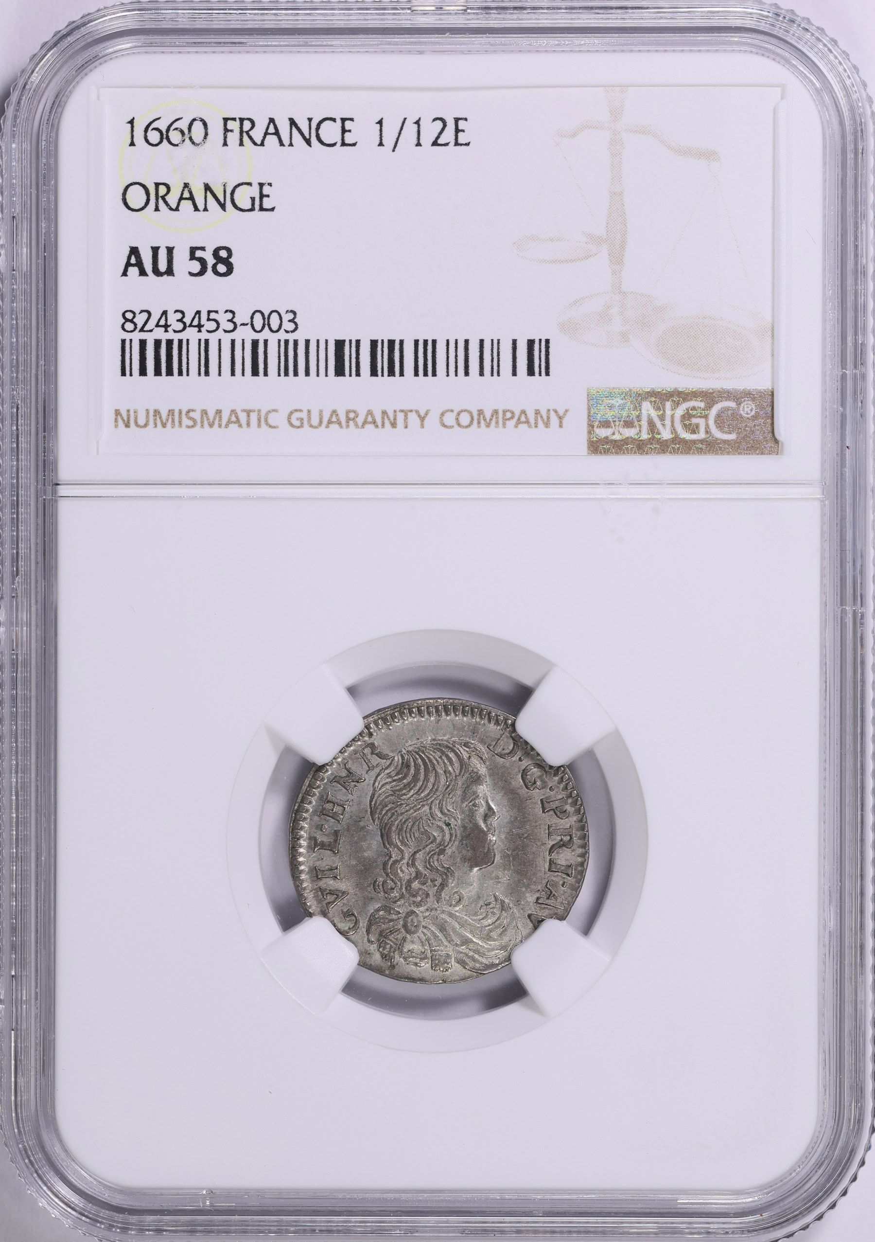 France - Orange 1660 Silver 1/12 Ecu (5 Sols) KM-115 NGC AU-58 (Item ...