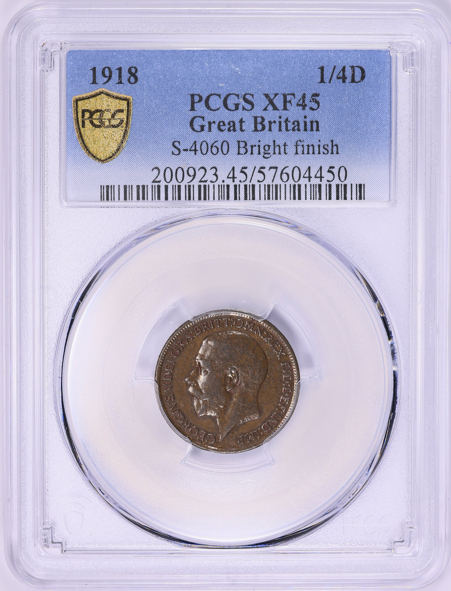 Great Britain 1918 Farthing Bright Finish KM-808.1 PCGS XF-45 (Item ...