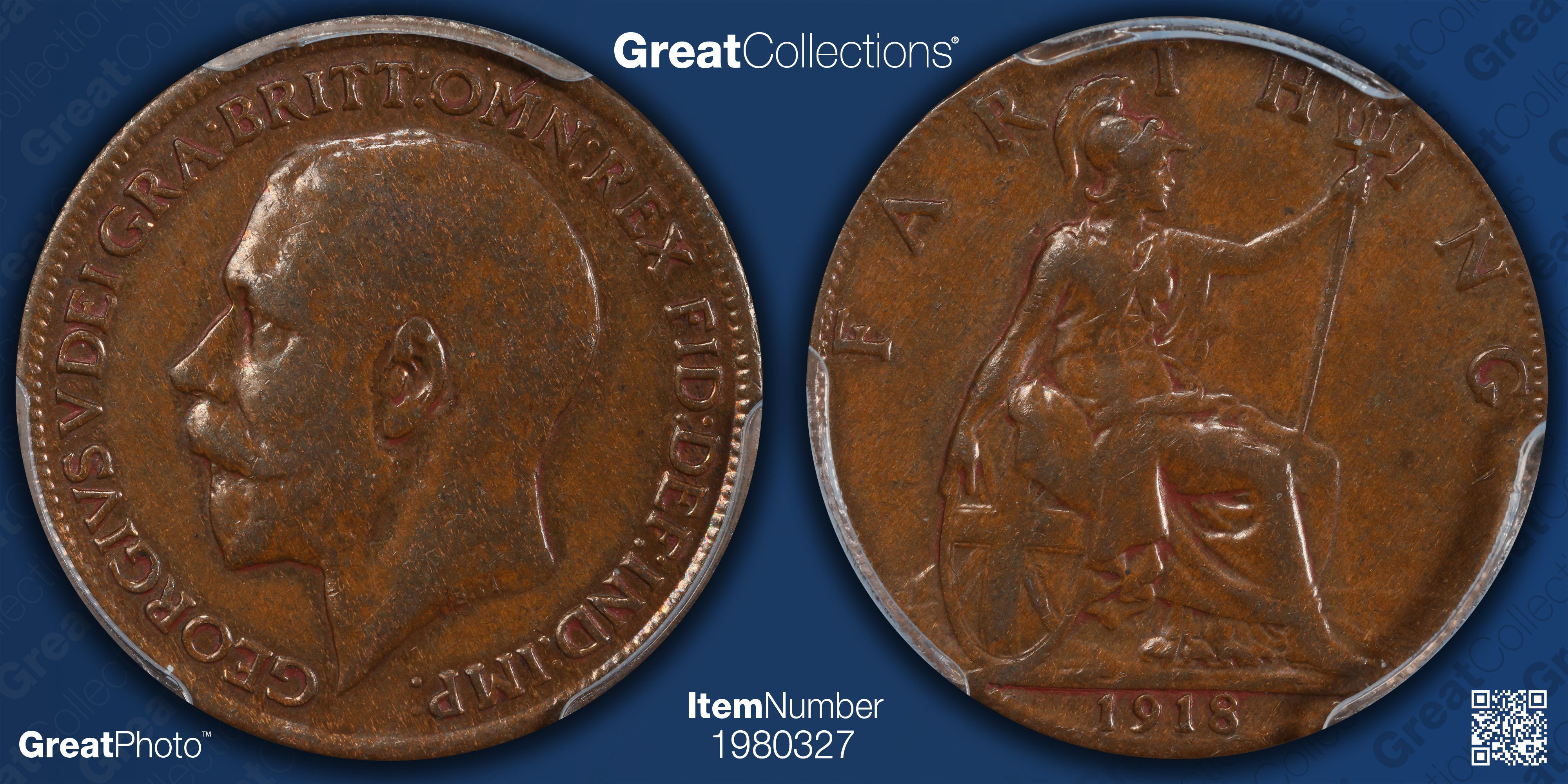 Great Britain 1918 Farthing Bright Finish KM-808.1 PCGS XF-45 (Item ...