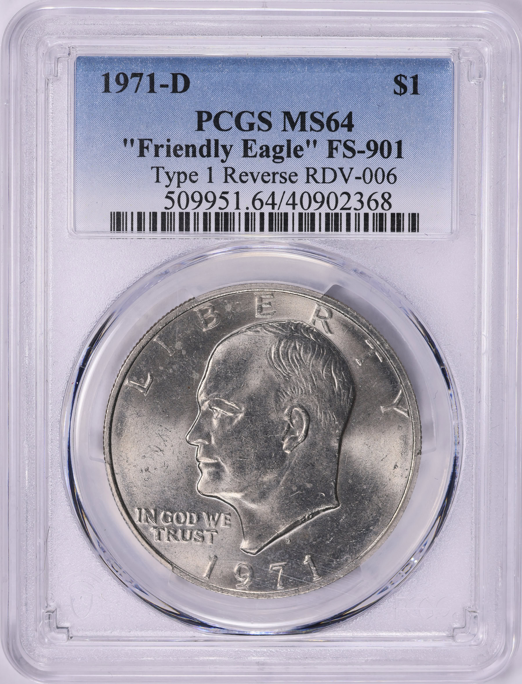 1971-D Eisenhower Dollar Friendly Eagle FS-901 Type 1 Reverse RDV-006 ...