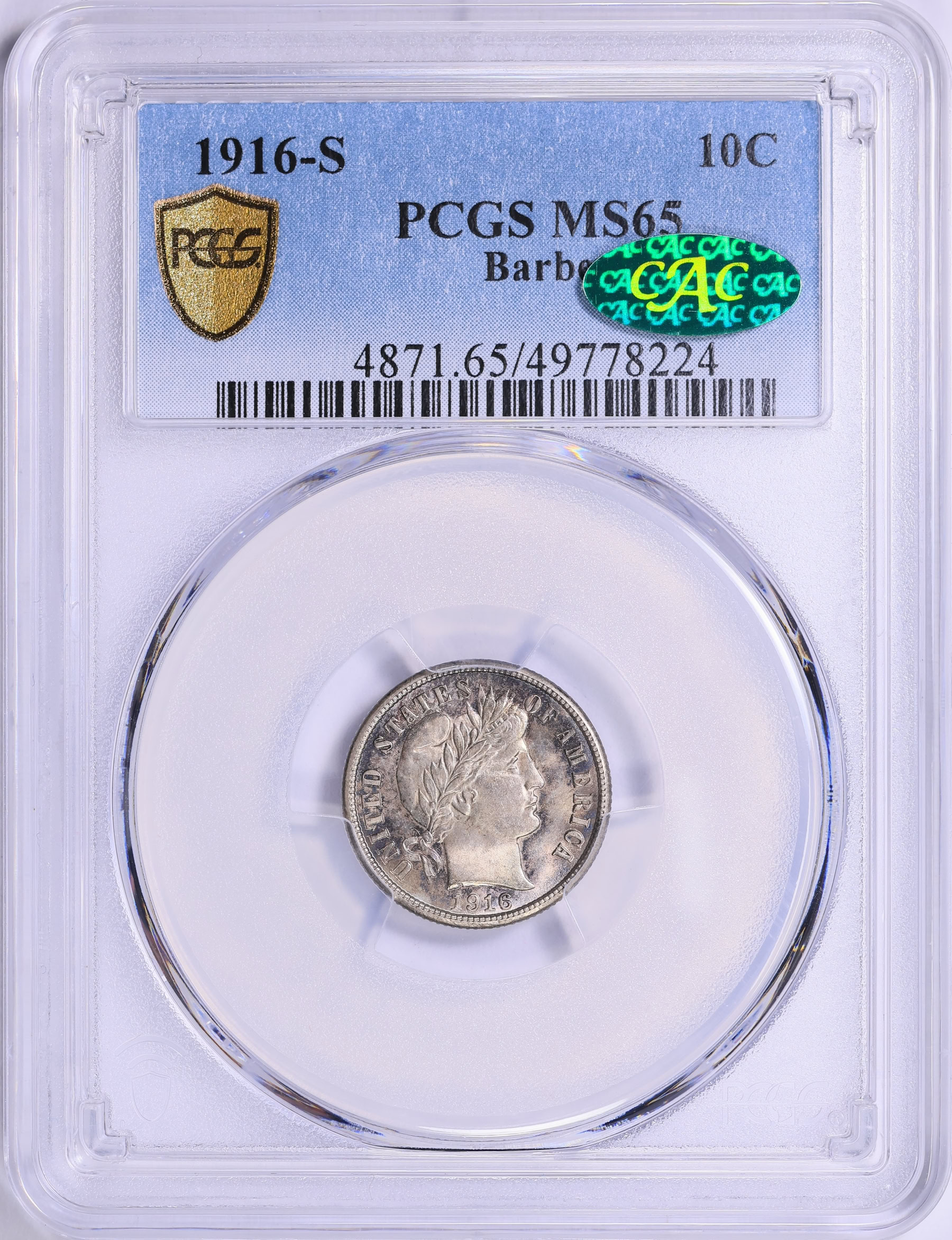 1916-S Barber Dime PCGS MS-65 (CAC Green) (Toned) (Item 1980861 ...