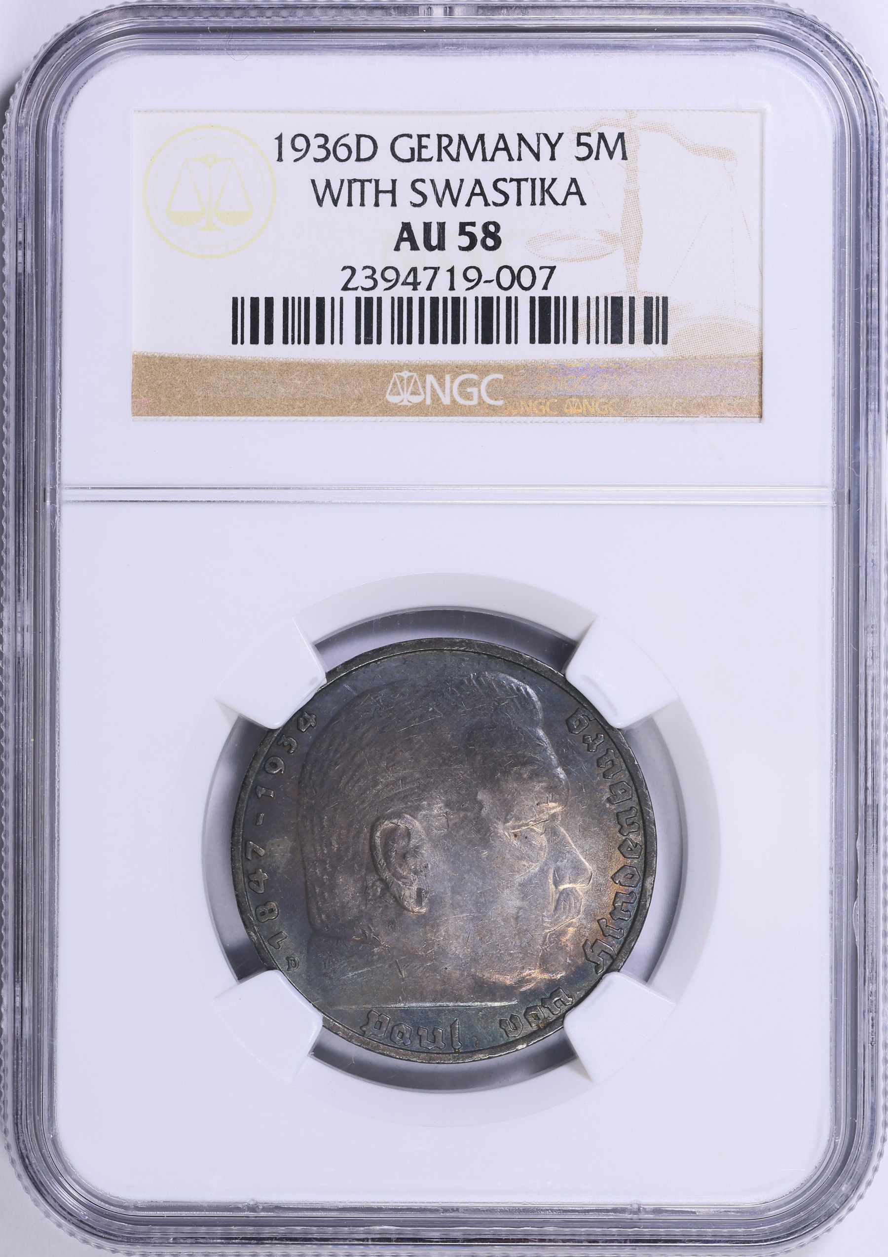 Germany Silver 1936-D 5 Marks With Swastika KM-94 NGC AU-58 (Toned ...