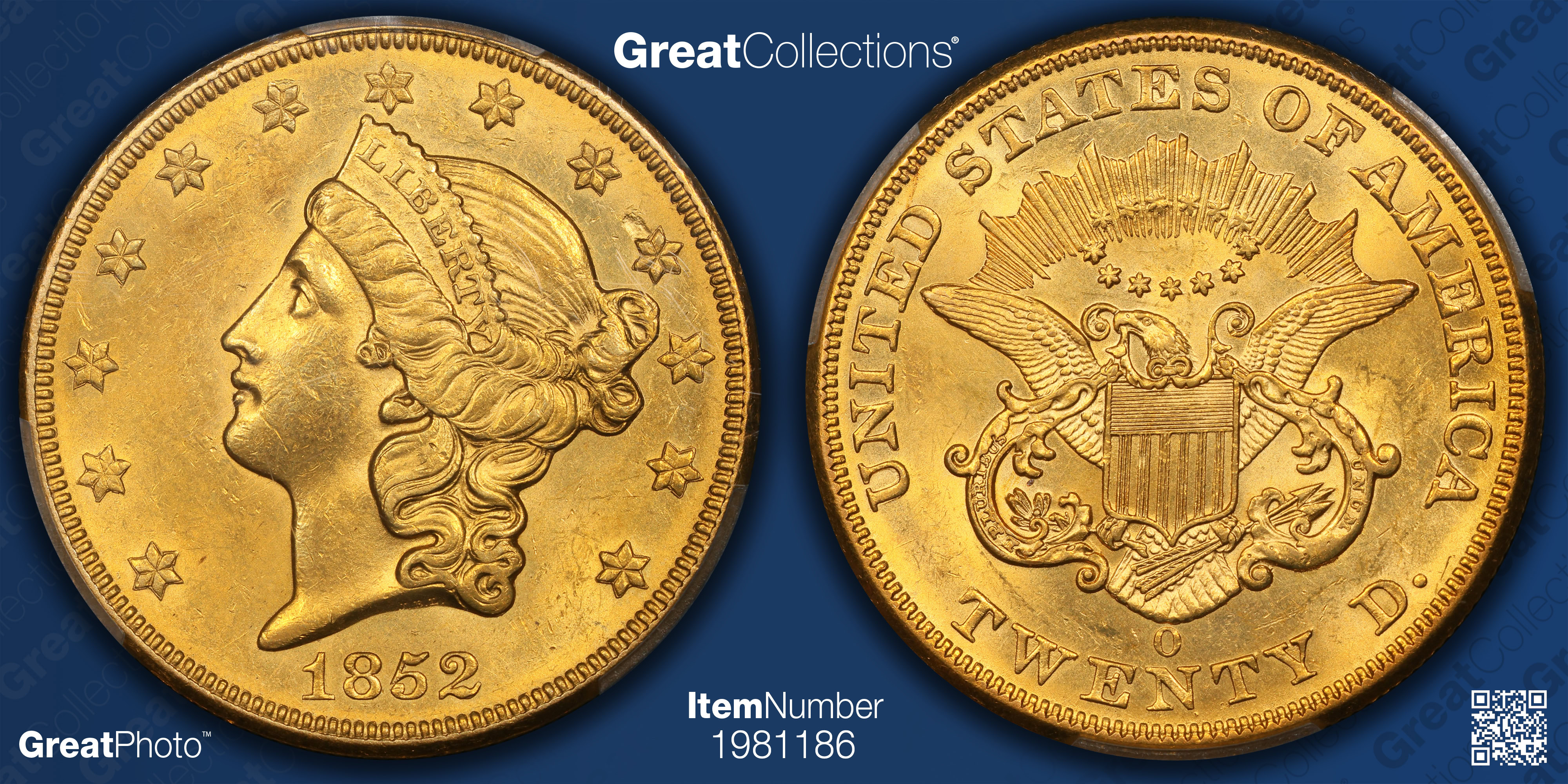 1852-O Liberty Gold Double Eagle PCGS AU-58 (Item 1981186 ...