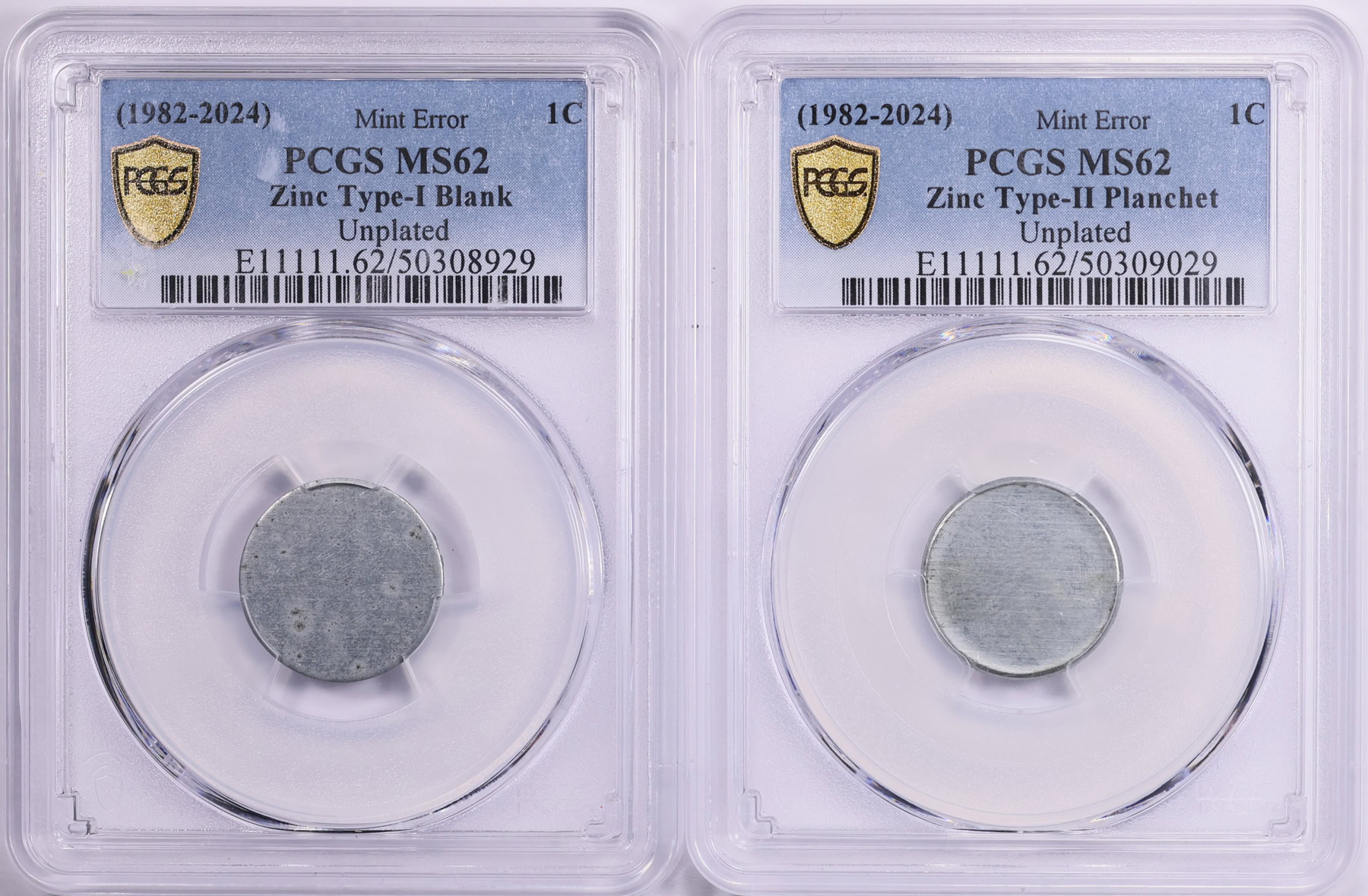 Mint Error (1982-2024) One Cent Zinc Type 1 Blank and Zinc Type II ...