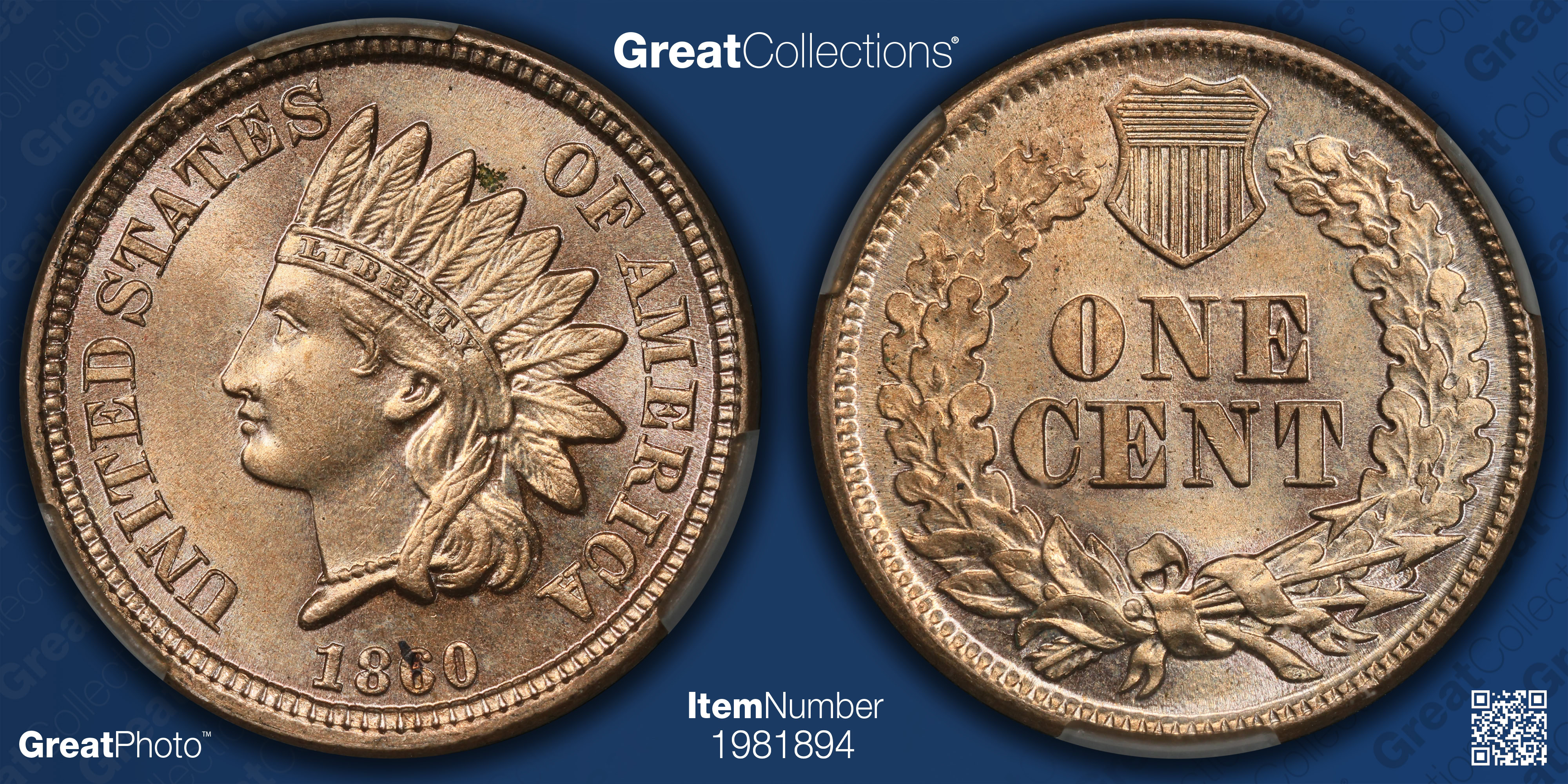 1860 Indian Cent CACG MS-64 (Item 1981894) | GreatCollections Coin Auctions