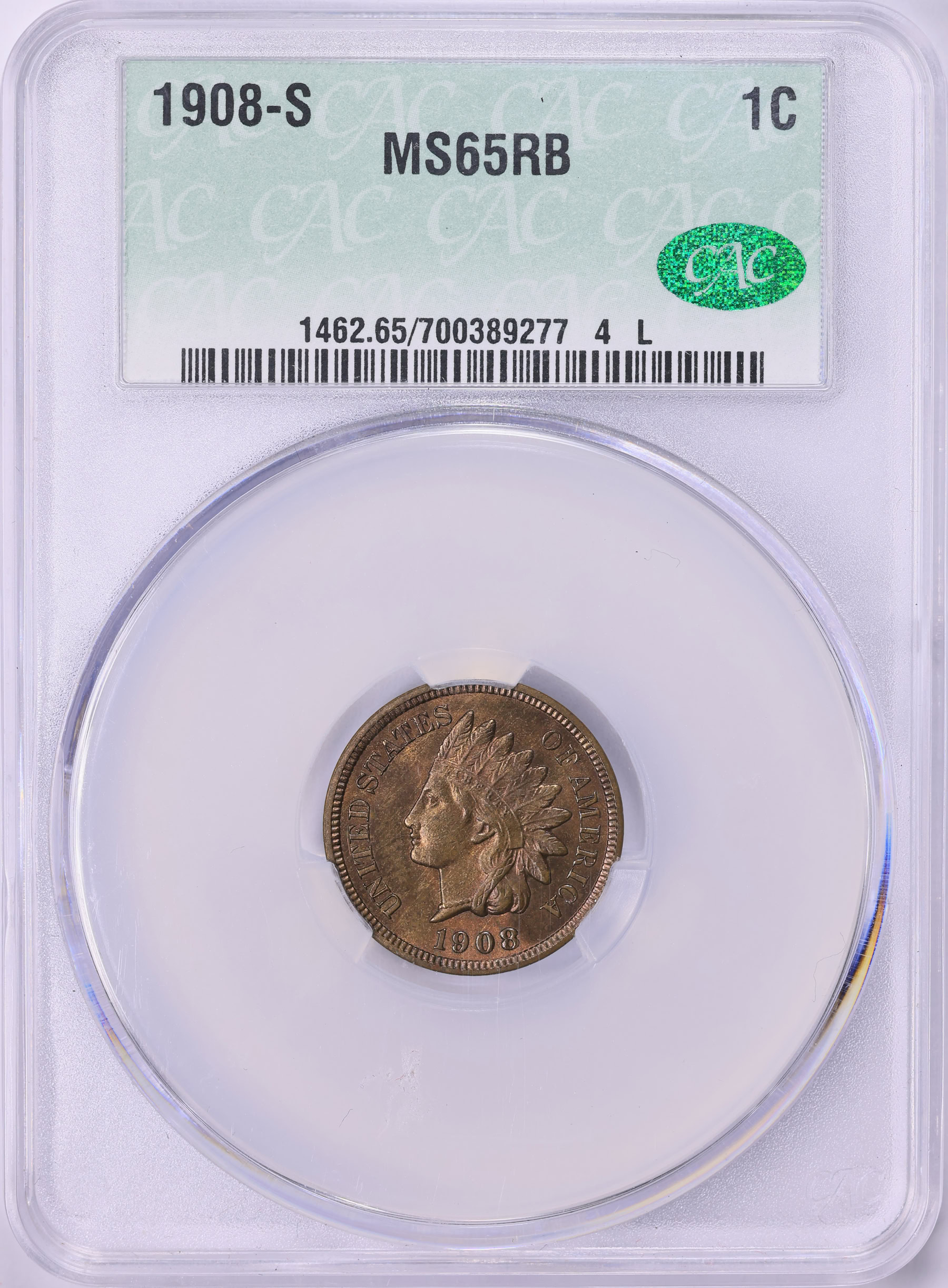 1908-S Indian Cent CACG MS-65 RB (Item 1981896) | GreatCollections Coin Auctions