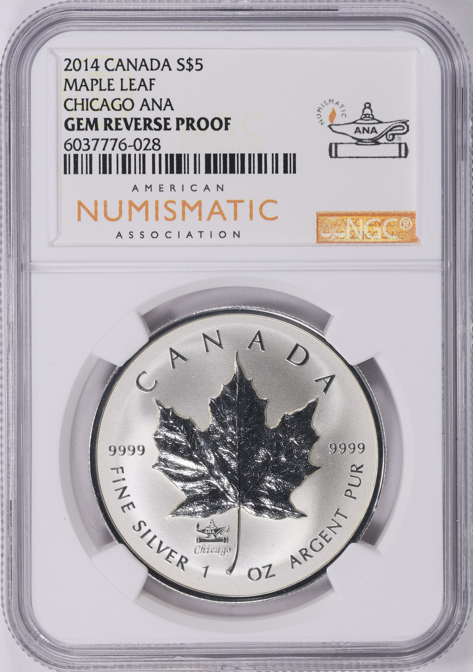 Canada 2014 Silver $5 Maple Leaf ANA Chicago Privy Reverse Proof KM ...