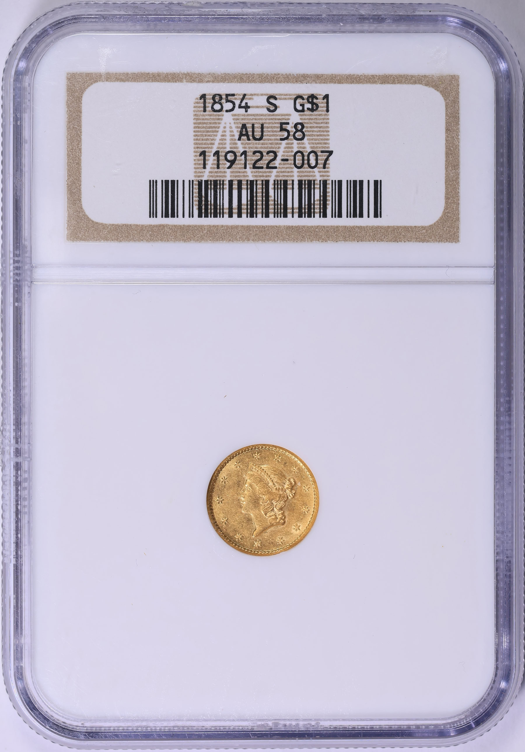 1854-S Liberty Gold Dollar NGC AU-58 (Item 1982283) | GreatCollections ...