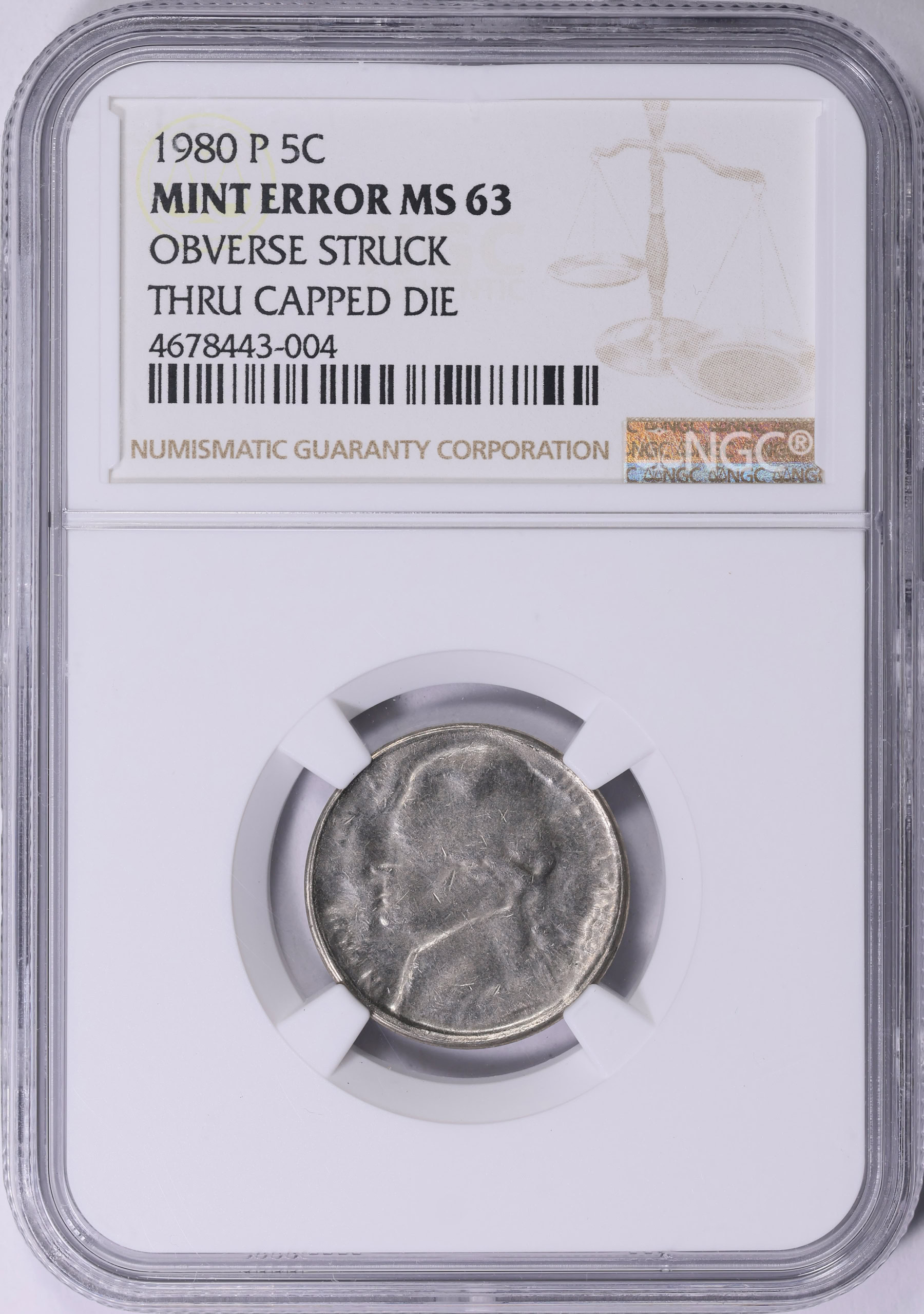 Mint Error 1980-P Jefferson Nickel Obverse Struck Through Capped Die ...