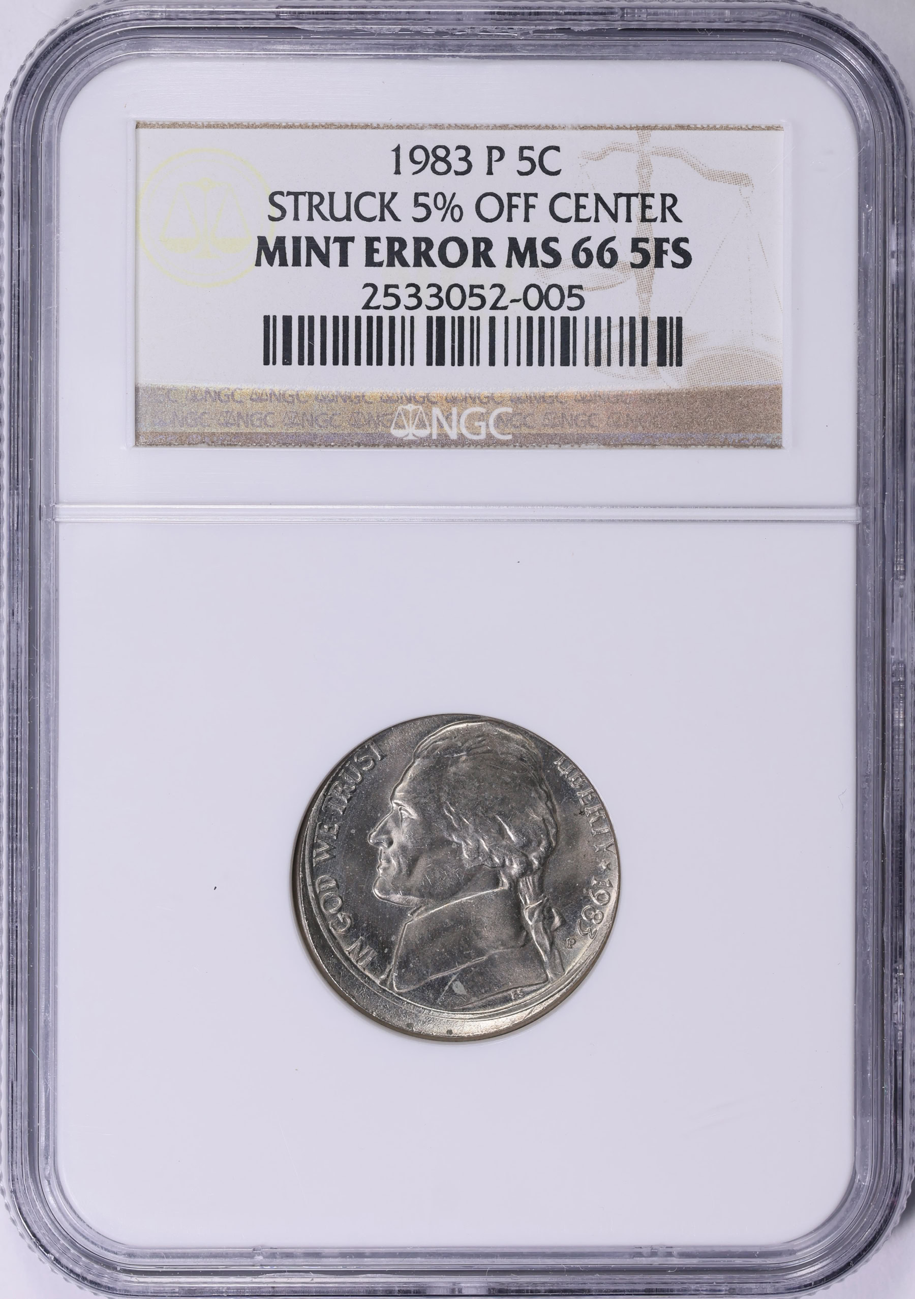 Mint Error 1983-P Jefferson Nickel Struck 5% Off Center NGC MS-66 5FS ...