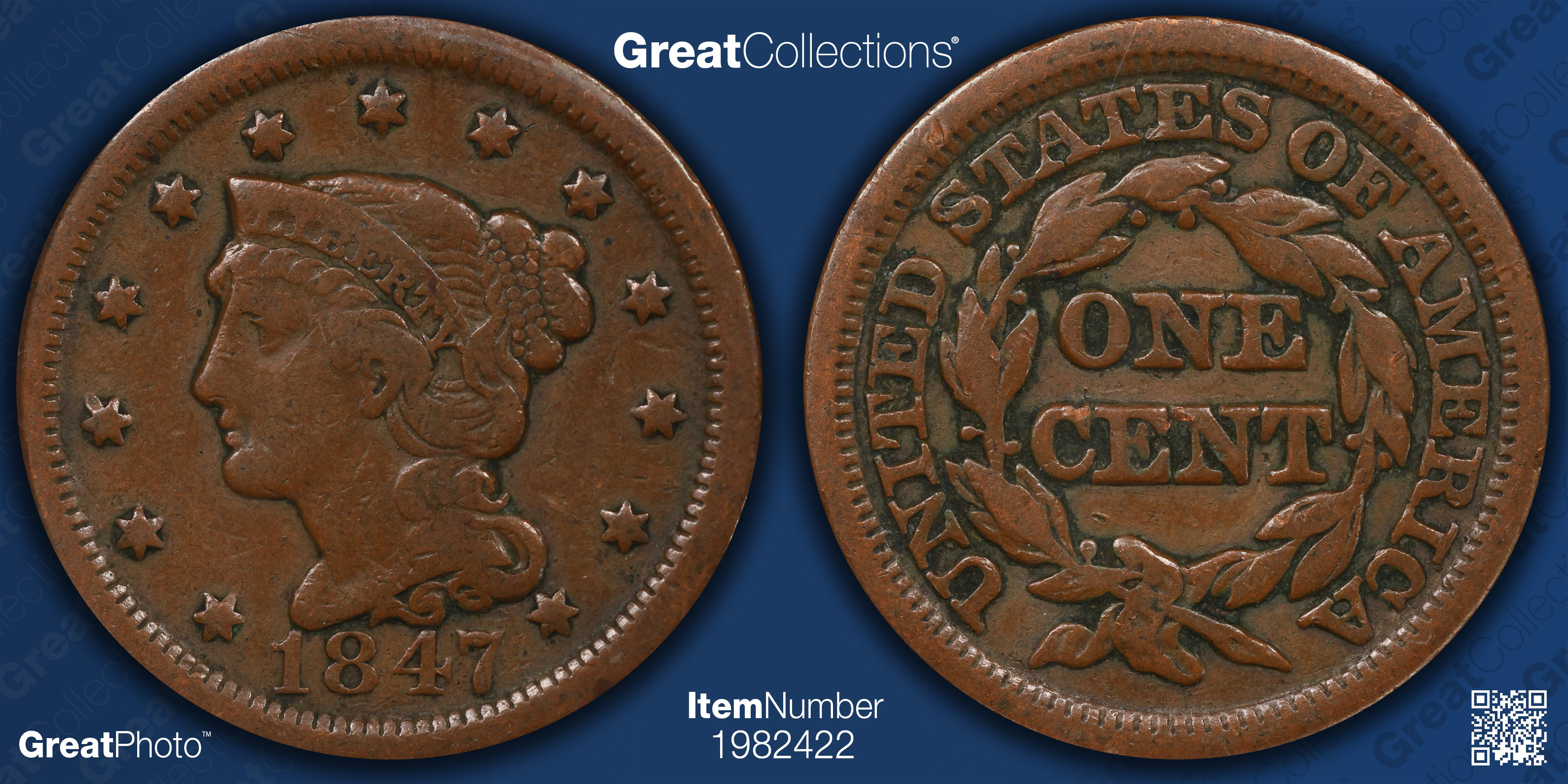 1847 Braided Hair Cent ANACS F-15 BN (Item 1982422) | GreatCollections ...