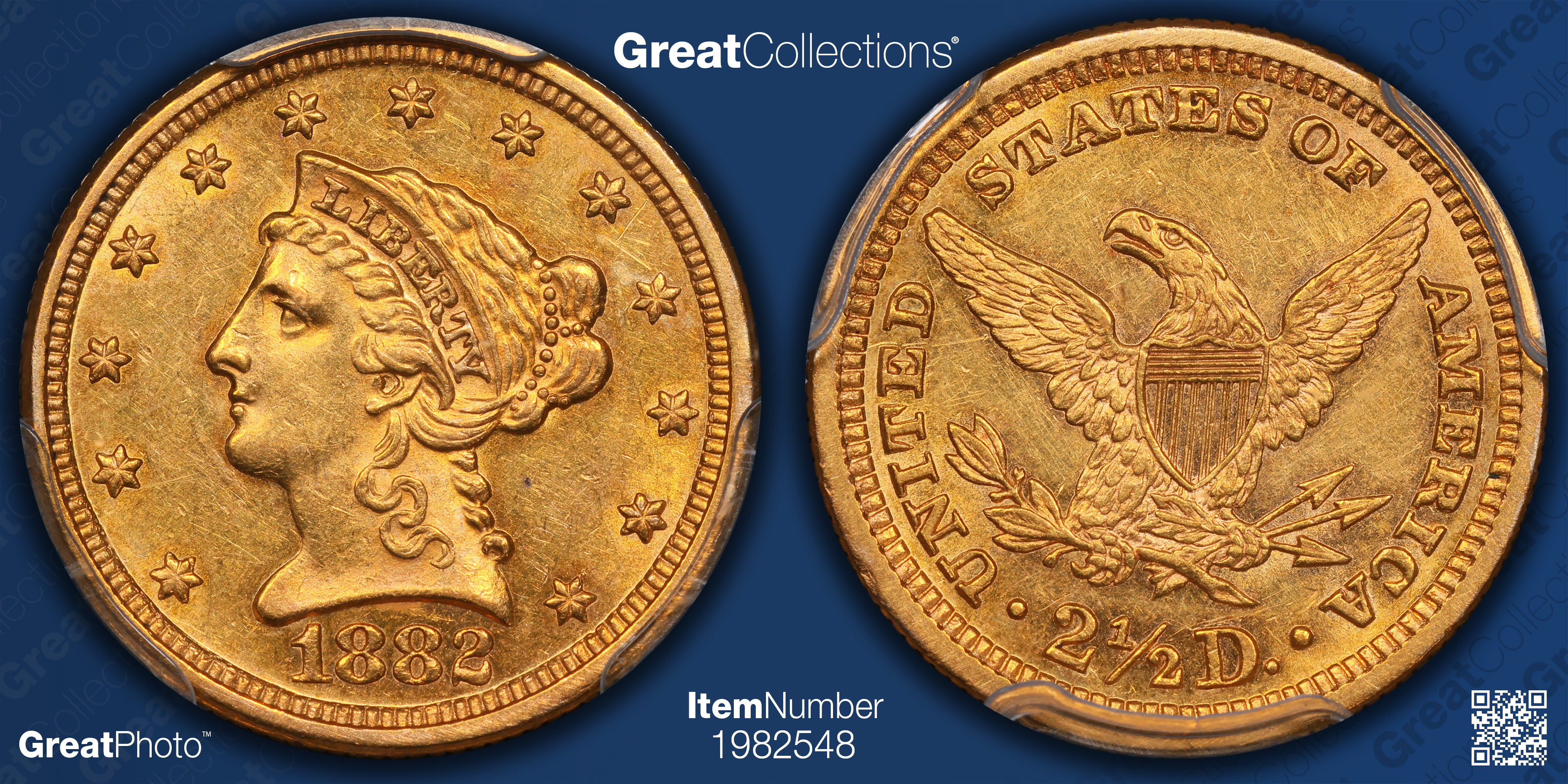 1882 Liberty Gold Quarter Eagle PCGS AU-58 (CAC Green) (Item 1982548 ...
